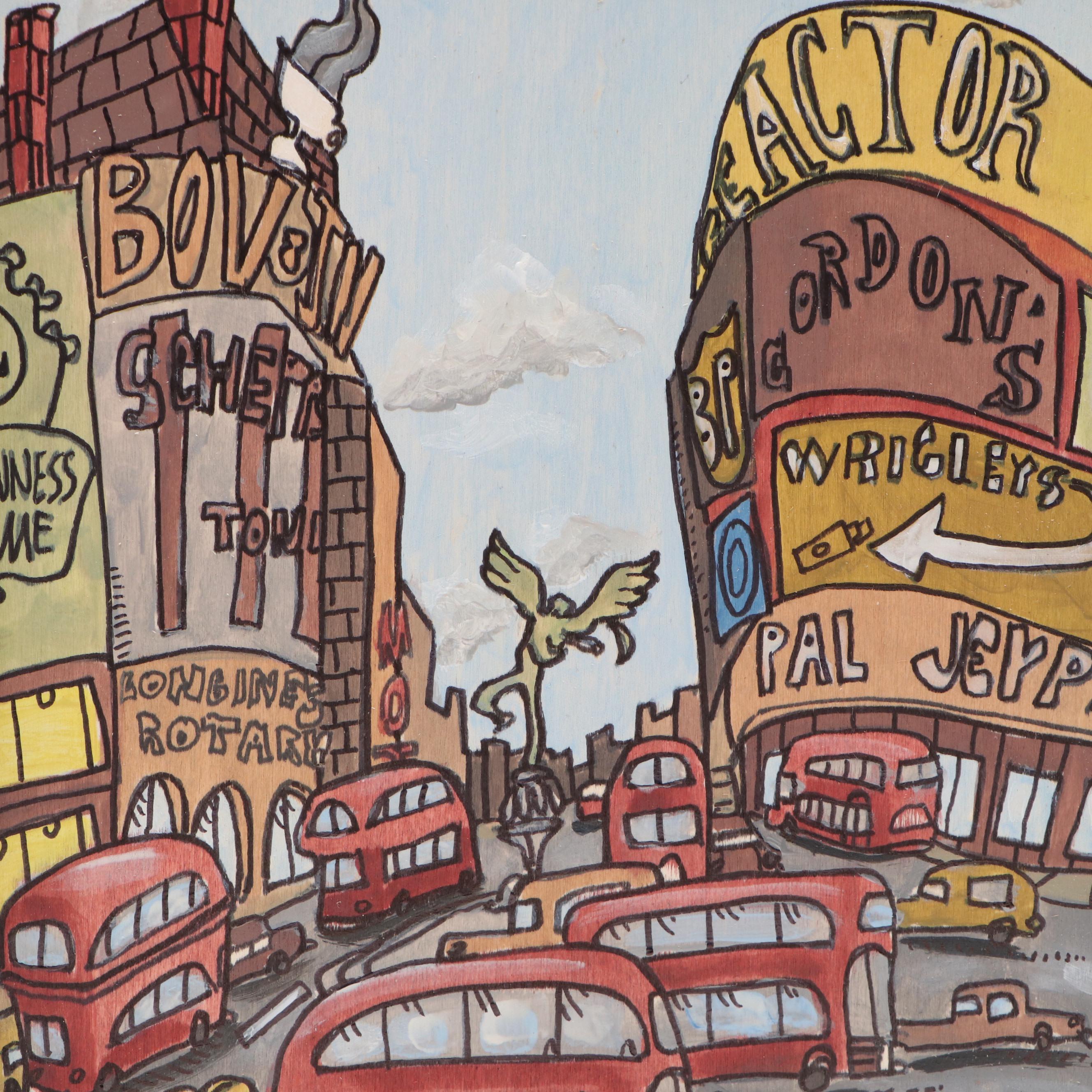 Aaron Wooten Stylized Cityscape Mixed Media Painting "Piccadilly Circus ...
