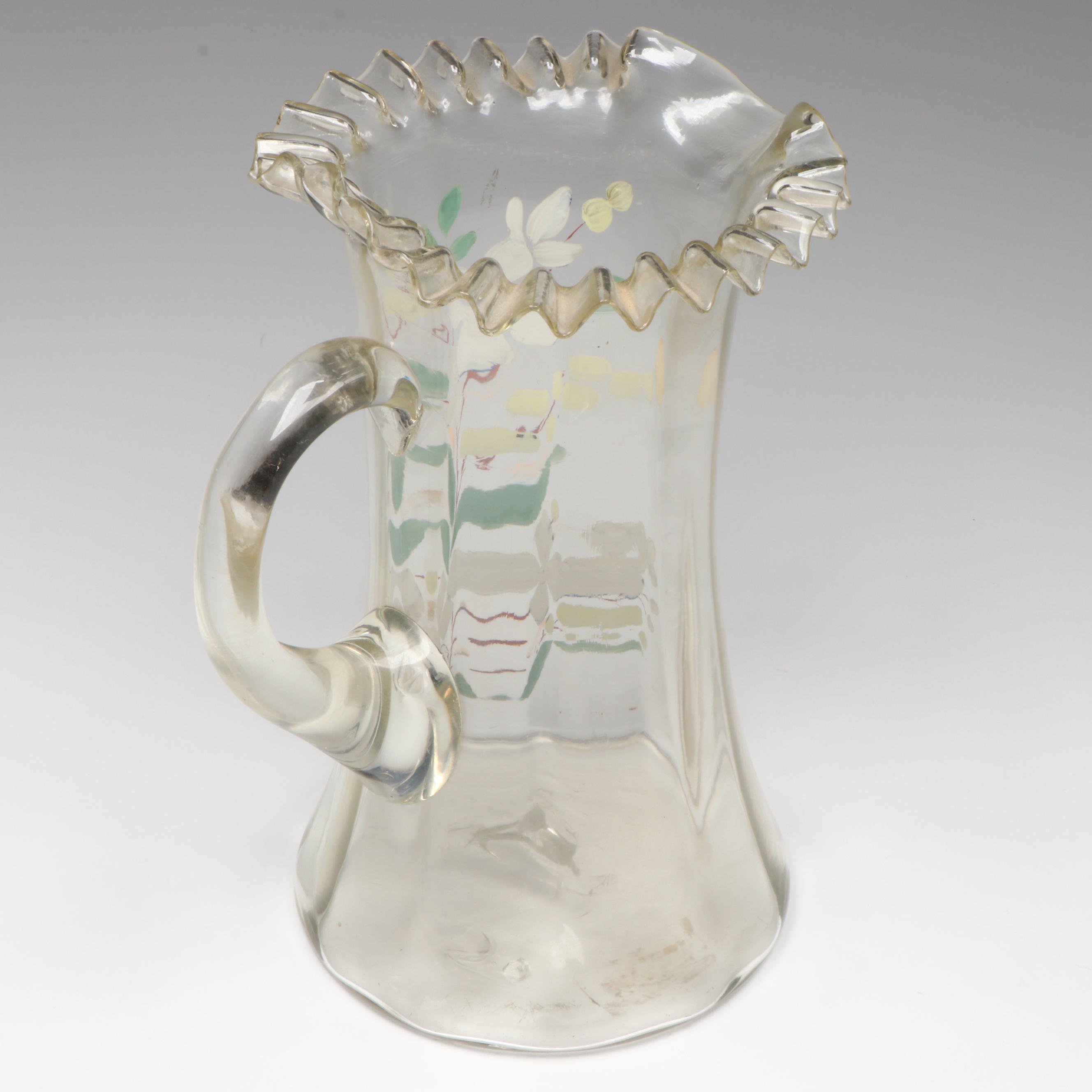 Victorian Glass Lemonade Set with Ruffled Rim Pitcher and Hand-Painted ...