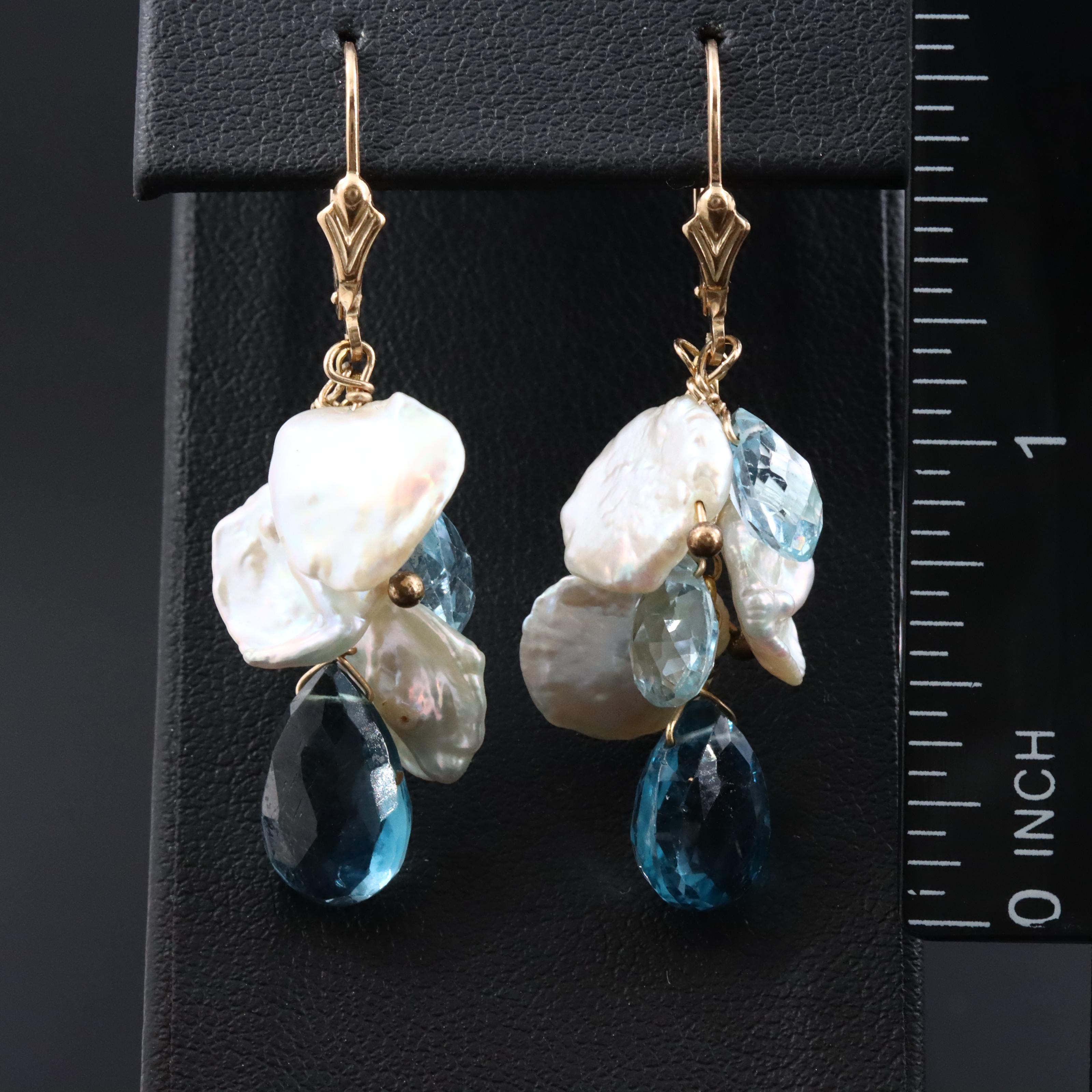 14K Blue Topaz and Pearl Dangle Earrings | EBTH