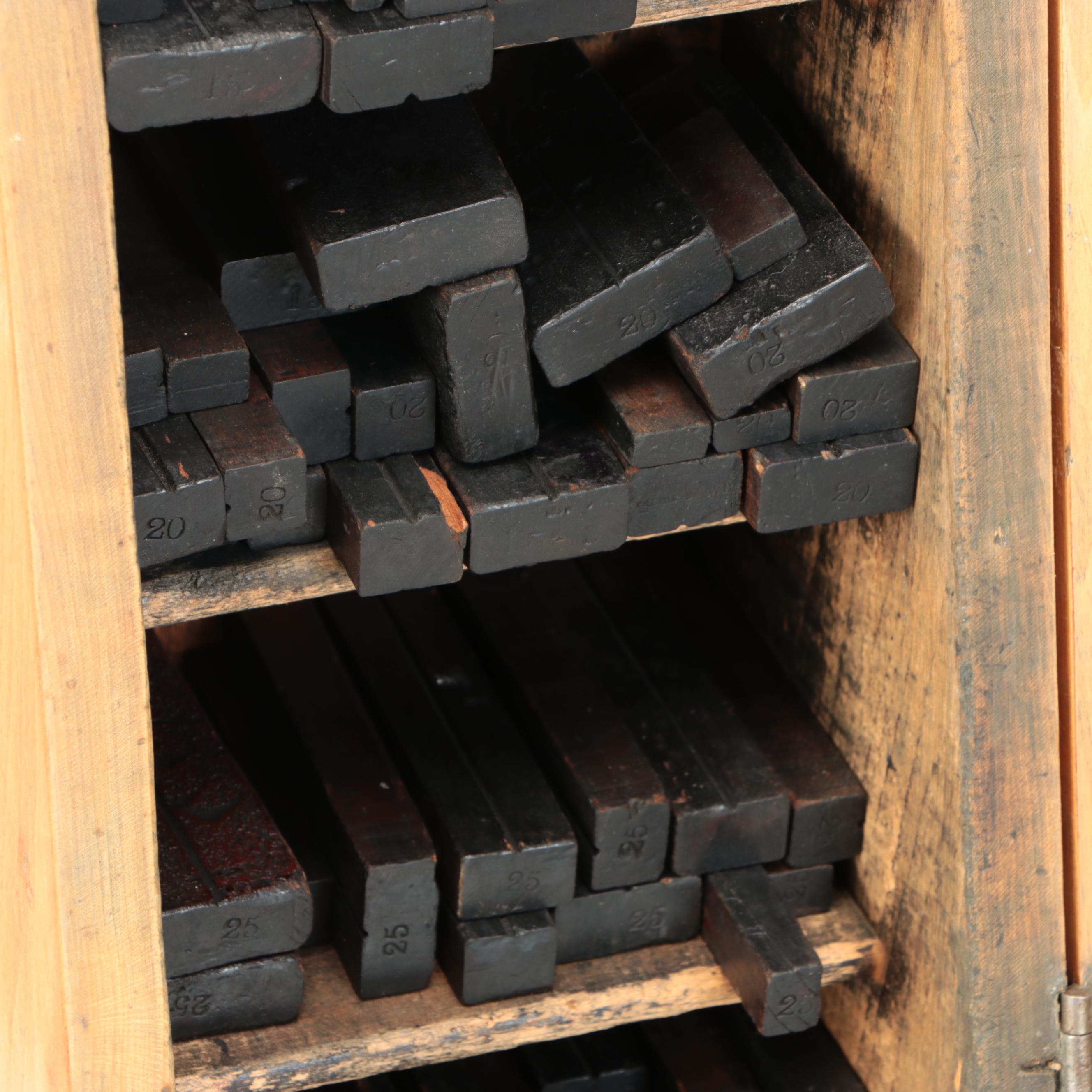 Vintage Slanted Wood Cabinet with Printing Block Blanks | EBTH