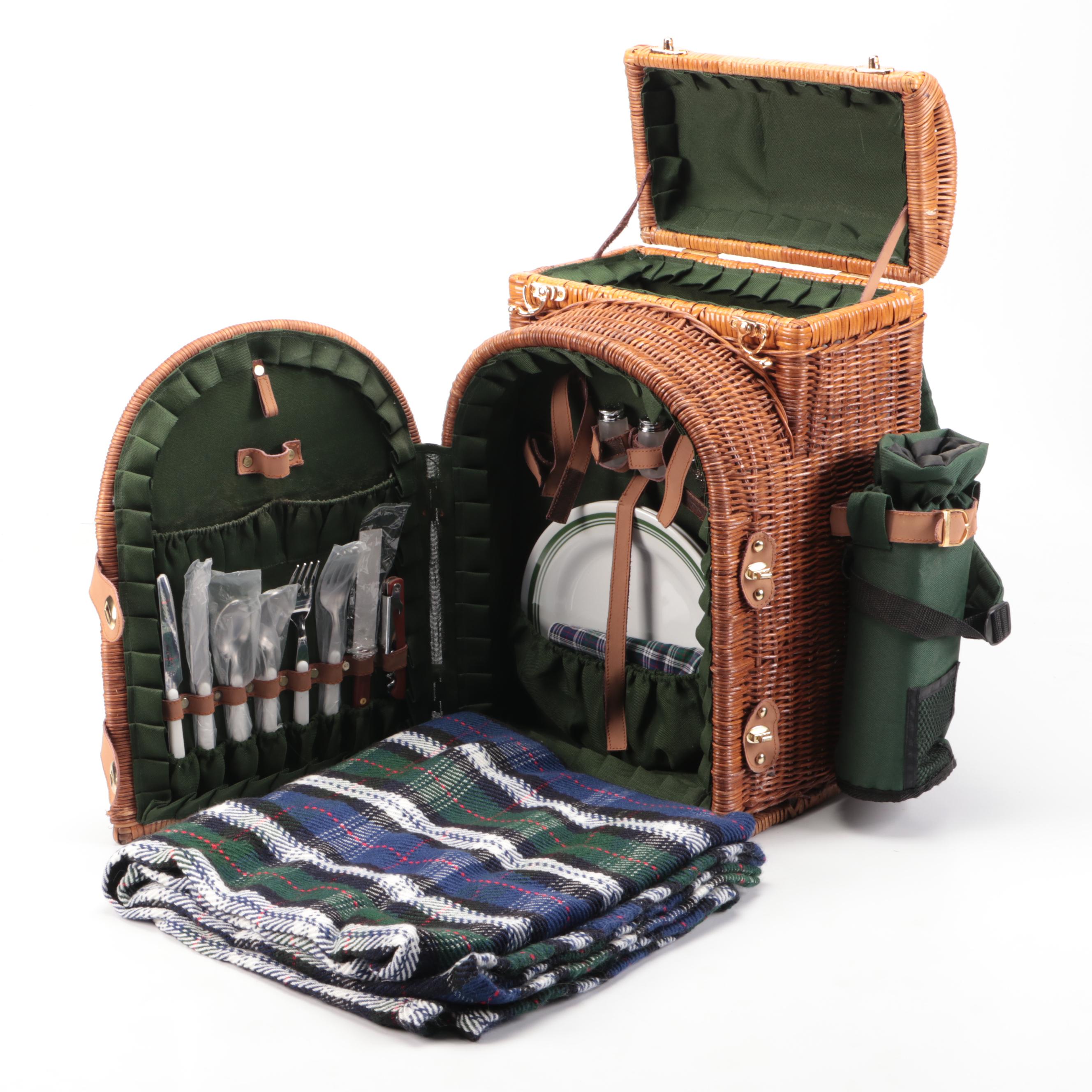 Wicker Picnic Backpack Basket with Accessories | EBTH