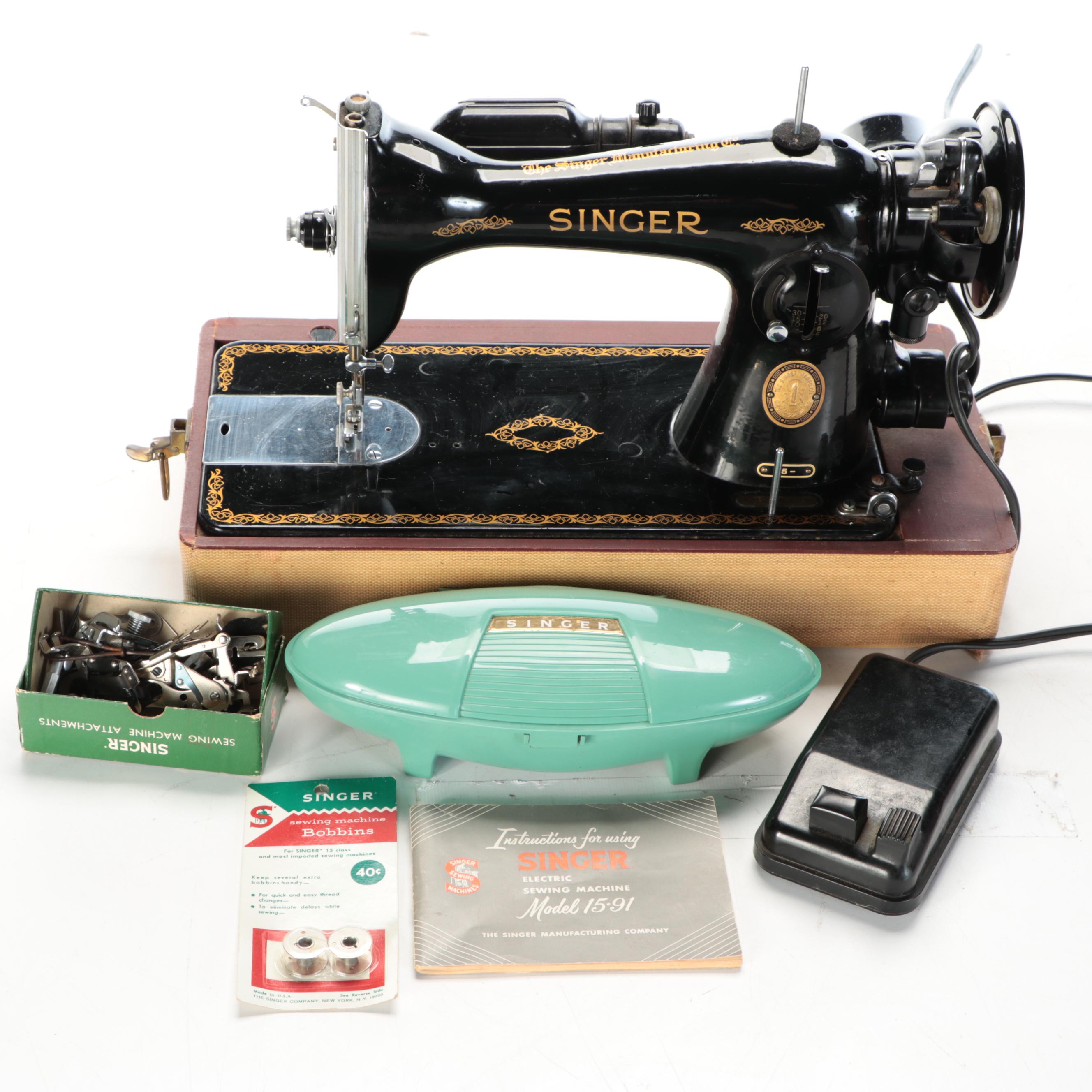 Singer Electric Sewing Machine with More Sewing Supplies, Early 20th ...