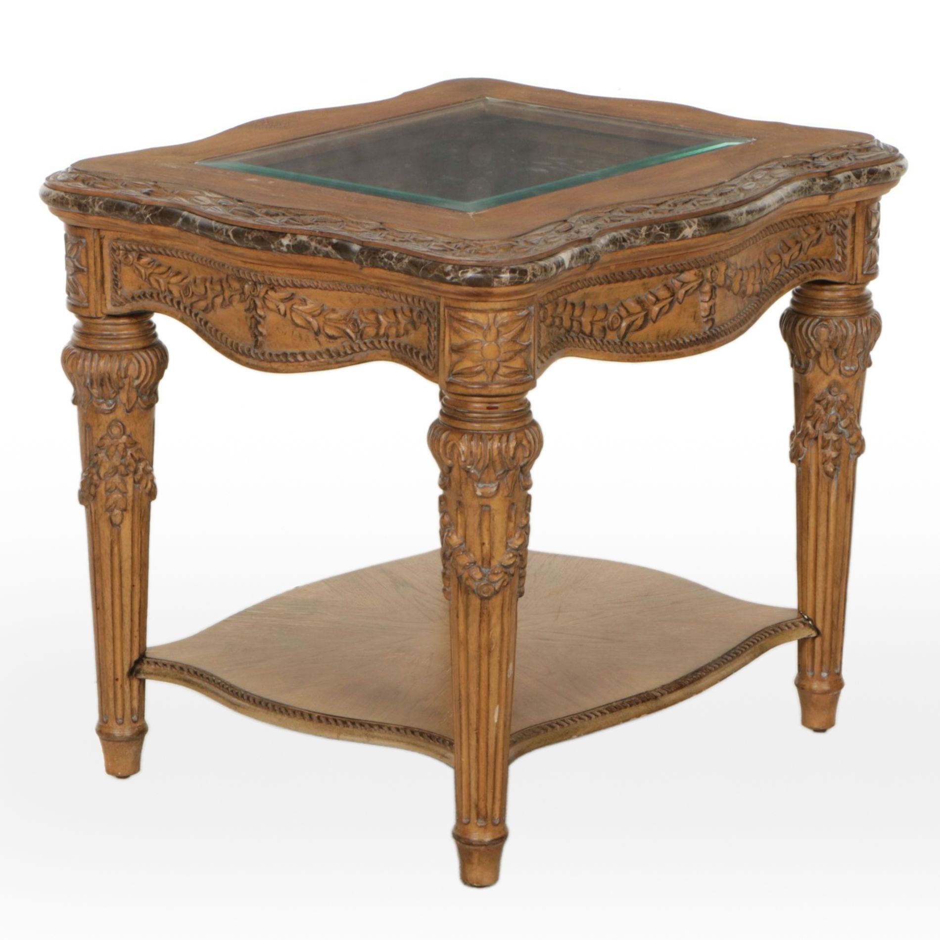 Schnadig Neoclassical Style Side Table with Glass Top and Marble Edge ...