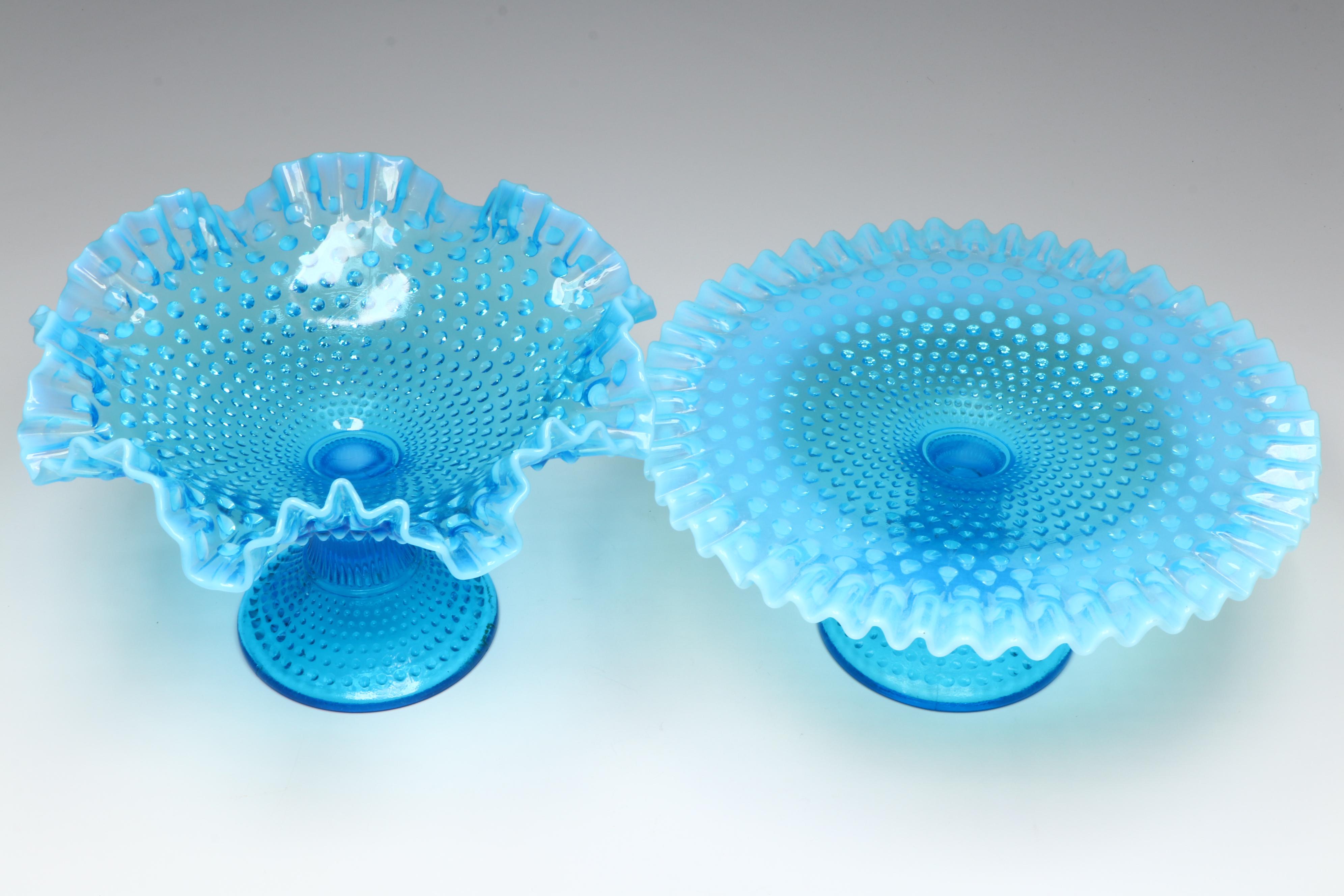 Fenton Hobnail Opalescent Blue Cake Stand with Ruffled Compote and ...