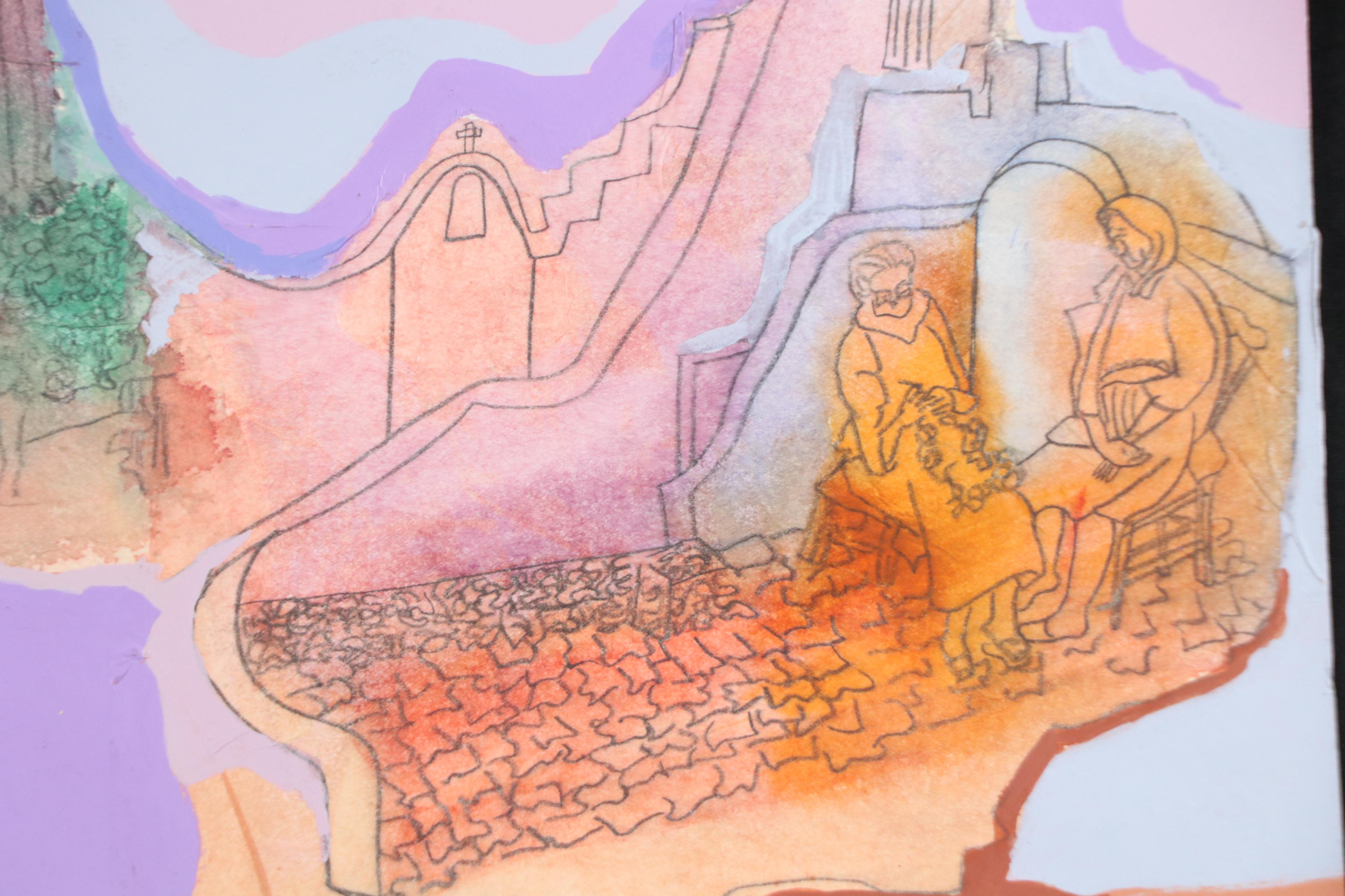 Bromson Allegorical Landscape Mixed Media Painting with Ruins, 21st ...