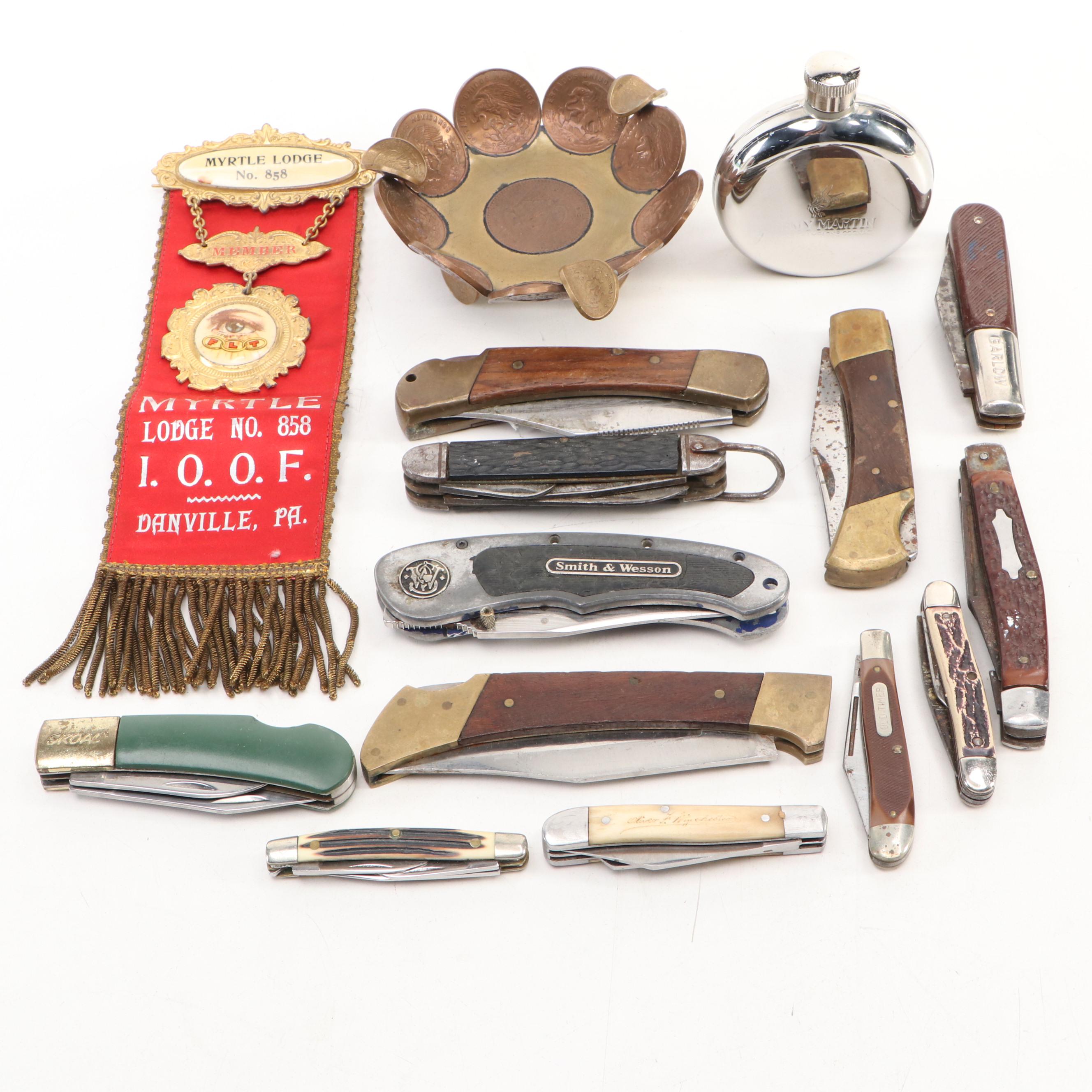 Collection of Folding Knives with IOOF Lodge Ribbon Pin and Mexican ...