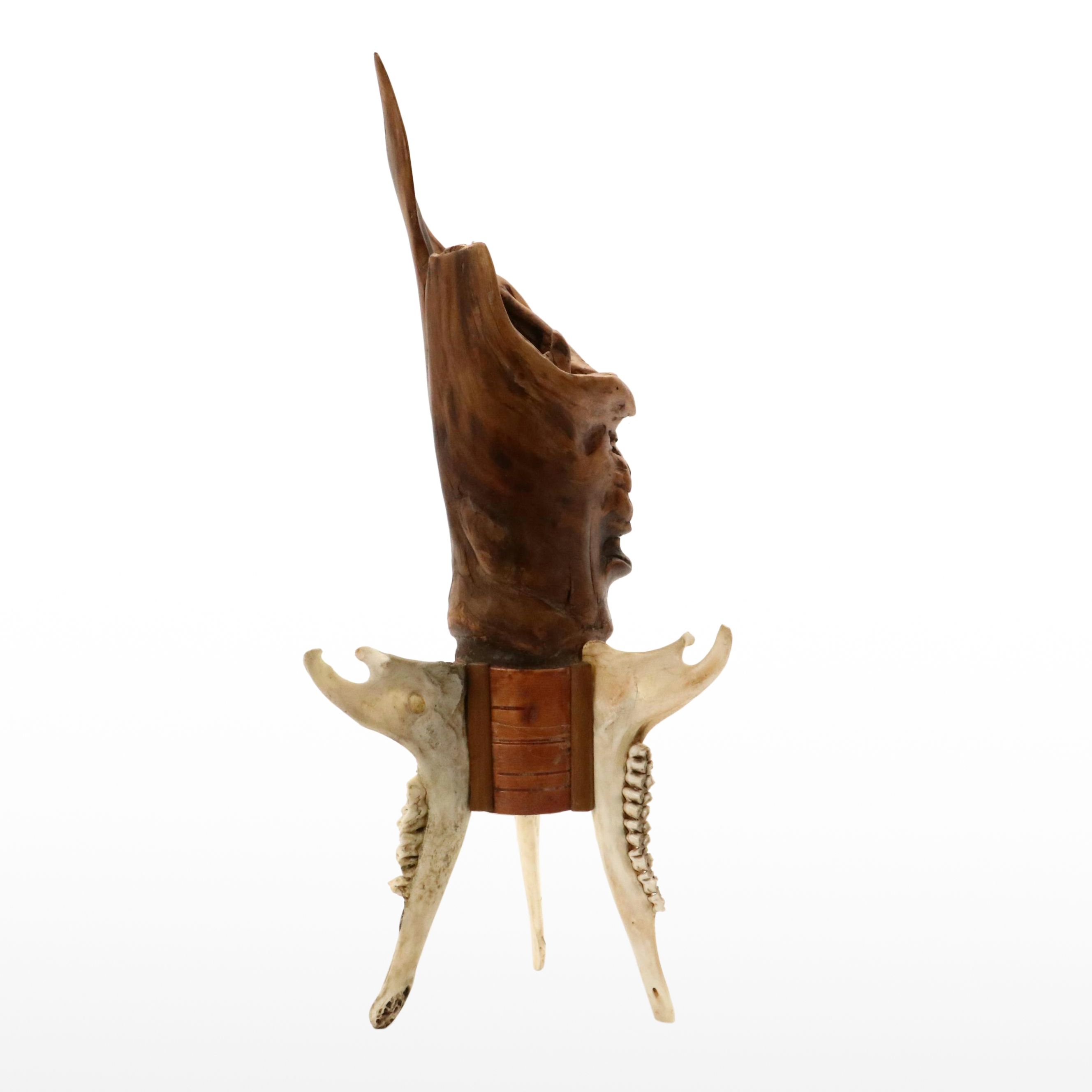 Robert Beaven Folk Art Carved Wood and Deer Jawbone Standing Vessel ...