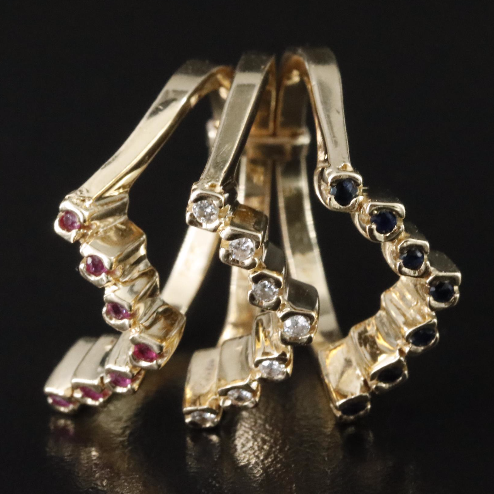 14K Sapphire, Ruby and Diamond Connected Chevron Stacking Rings | EBTH