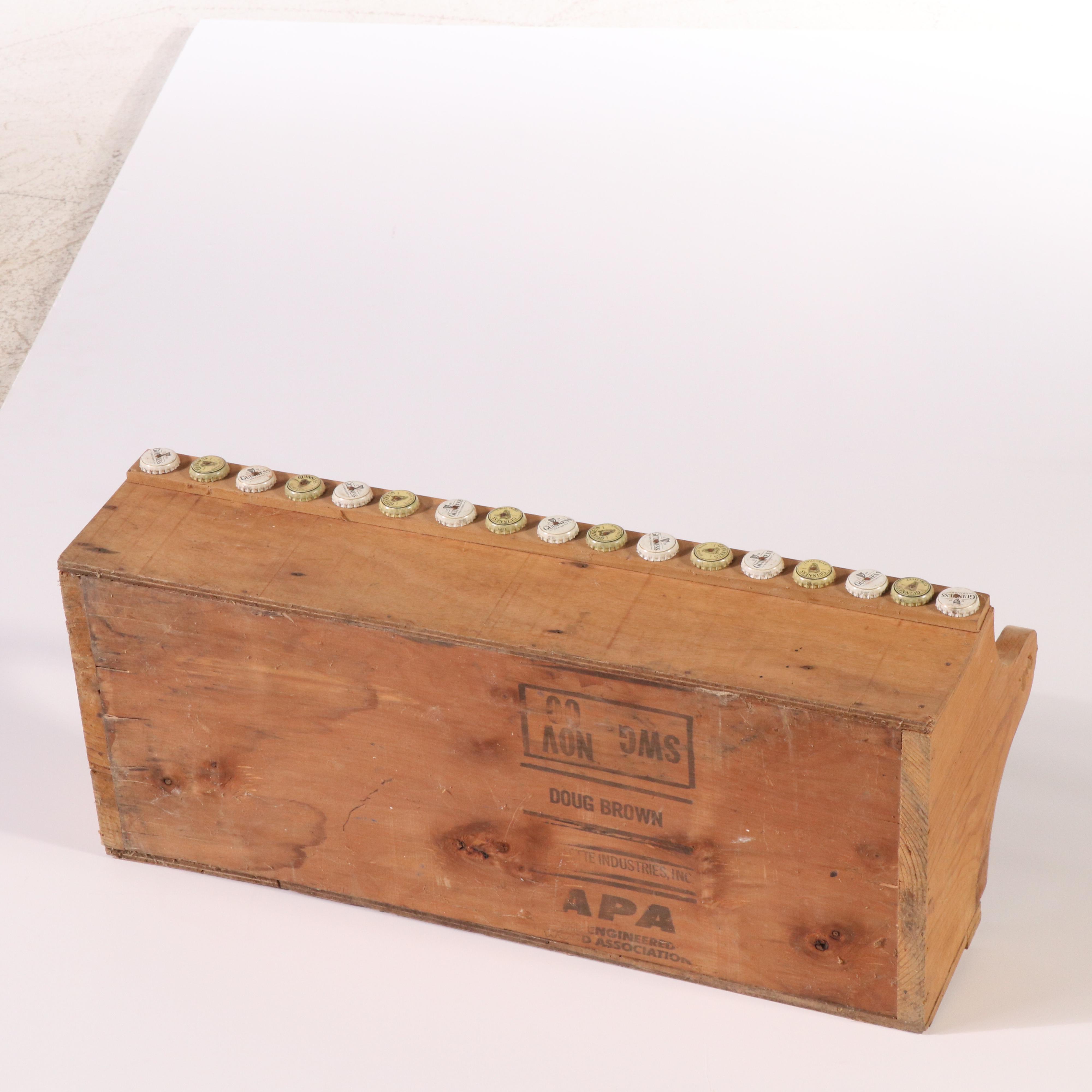 Robert Beaven Rustic Wood Tool Caddy with Guinness Bottle Cap Trim | EBTH