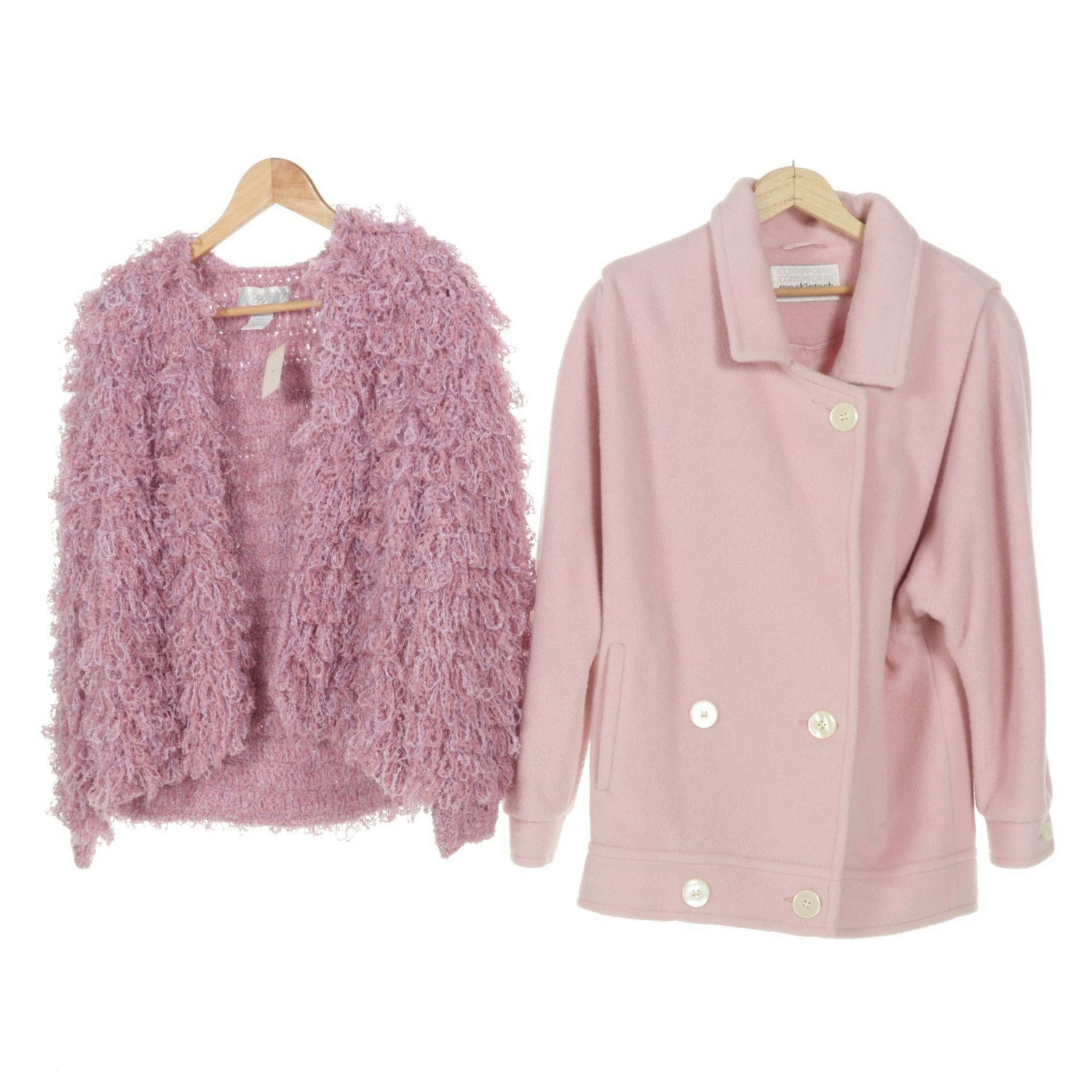 Mackintosh Baby Pink Wool Coat & Mauve Pink Shaggy Loop Fringe Cardigan ...