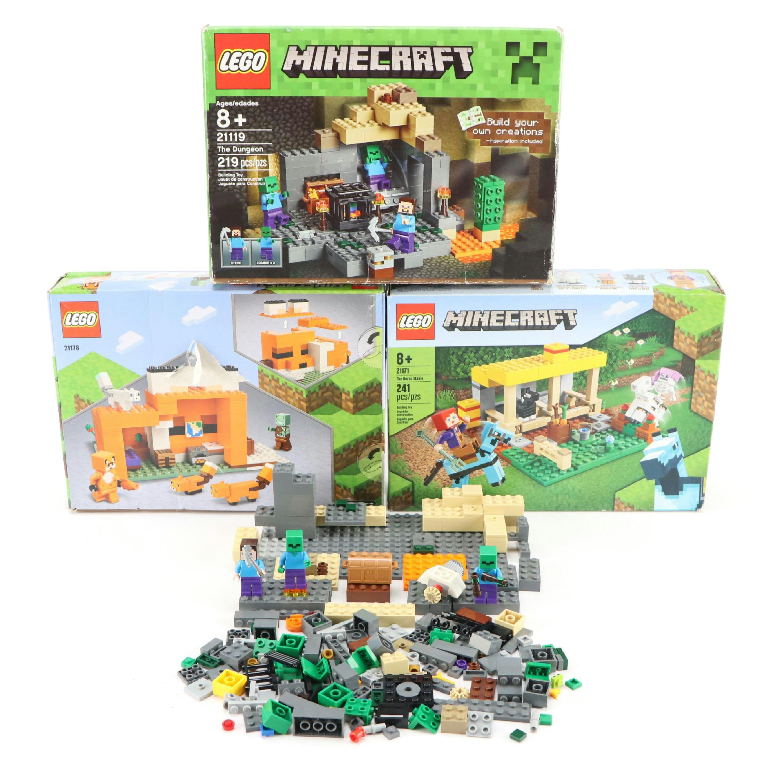 LEGO Minecraft "Horse Stable," "The Fox Lodge," and "The Dungeon ...