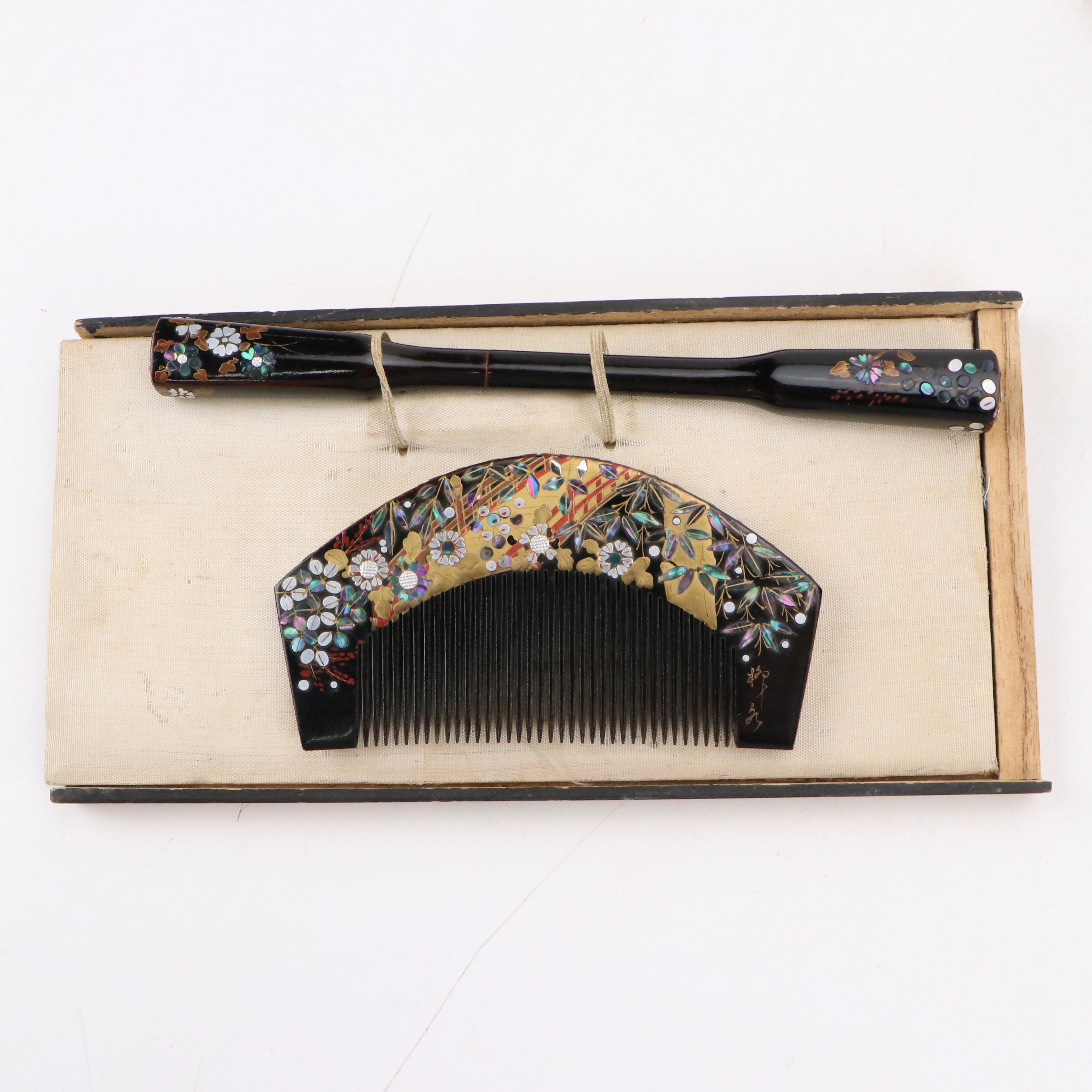 Japanese Fukusa Wrapped Lacquer Tray with Kushi Comb and Kogai Set | EBTH