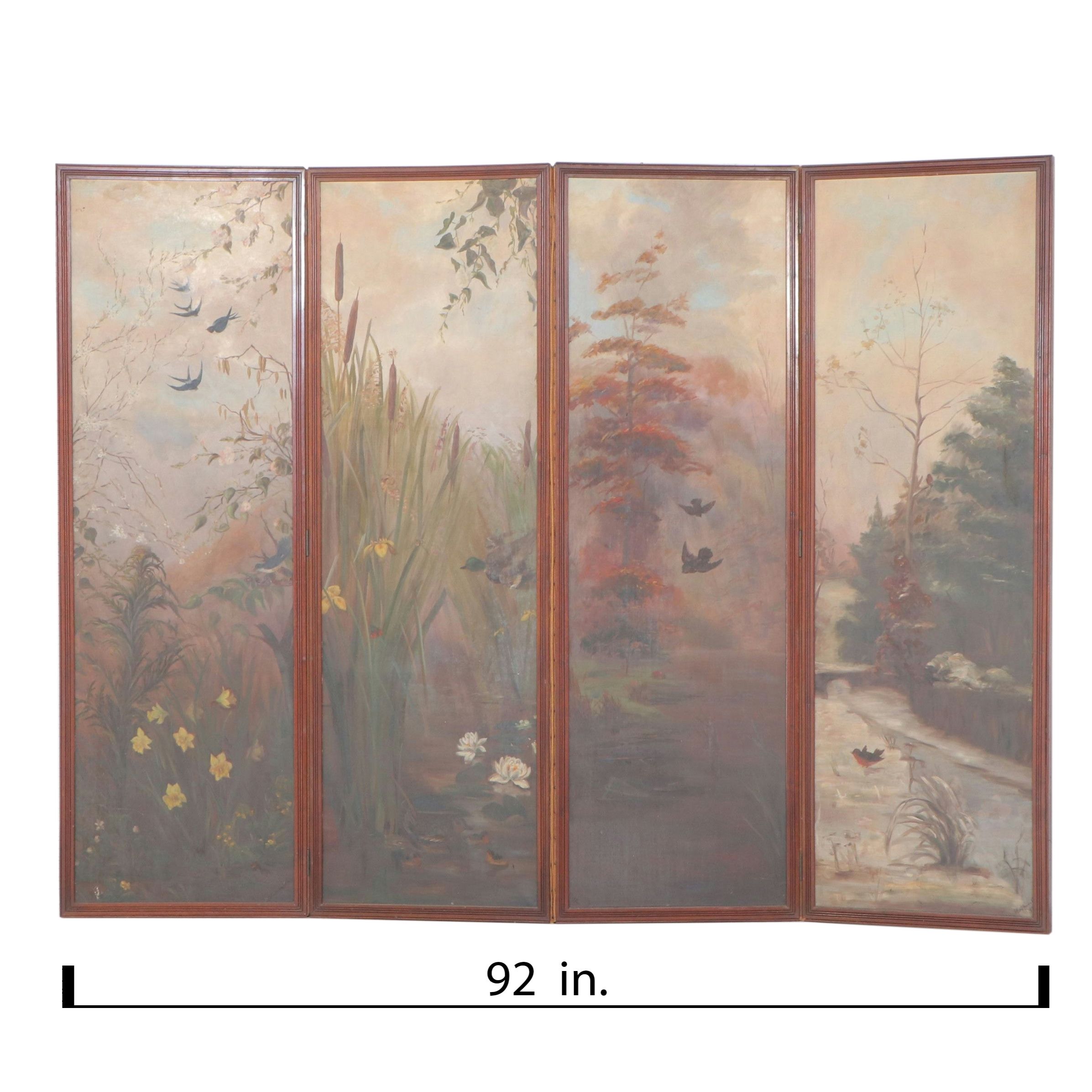 Hand-Painted Seasonal Landscapes Four-Panel Room Divider, 20th Century ...