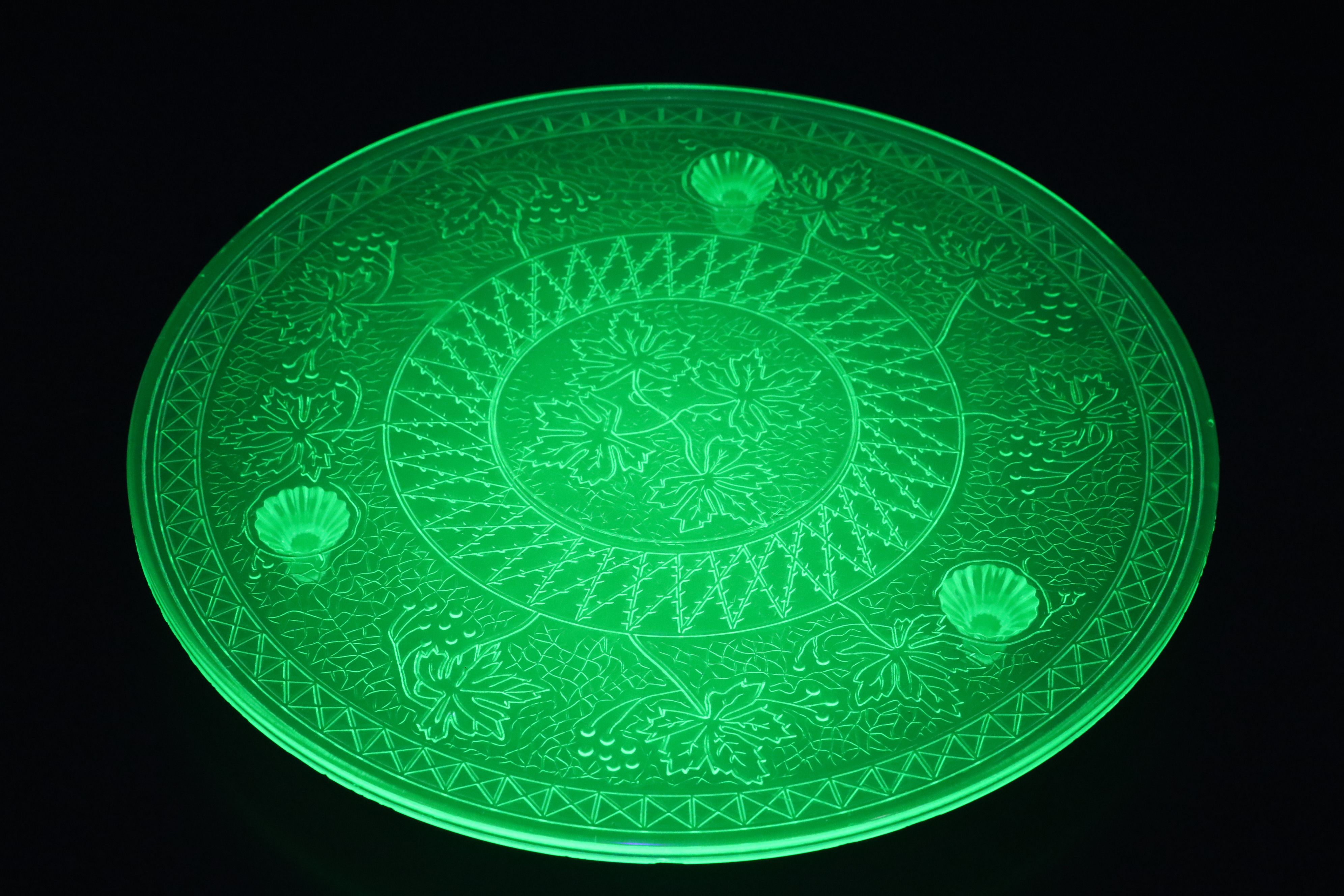 Uranium Glass Cake Plate and Mosser Plaques with Depression Glass ...