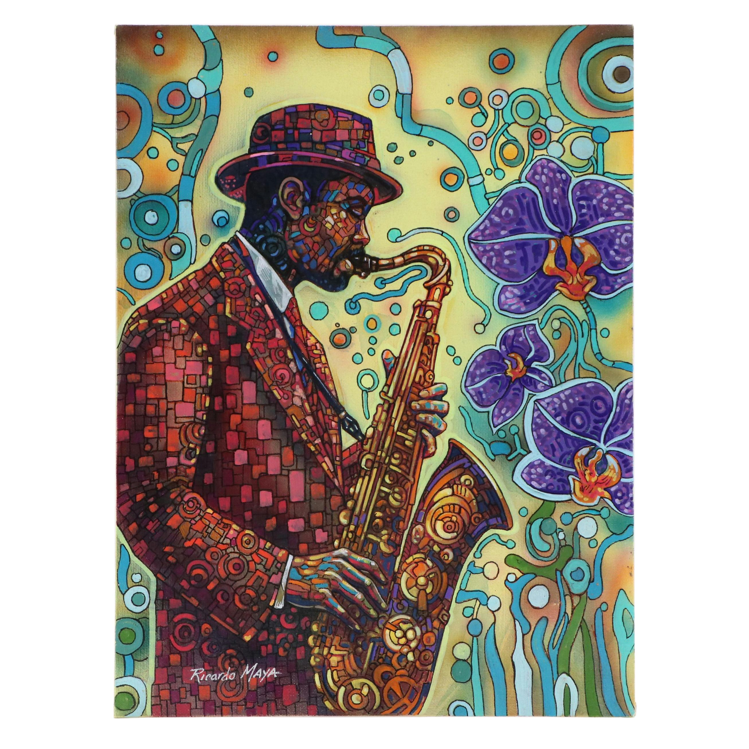 Ricardo Maya Stylized Acrylic Painting of a Saxophone Player, 21st ...