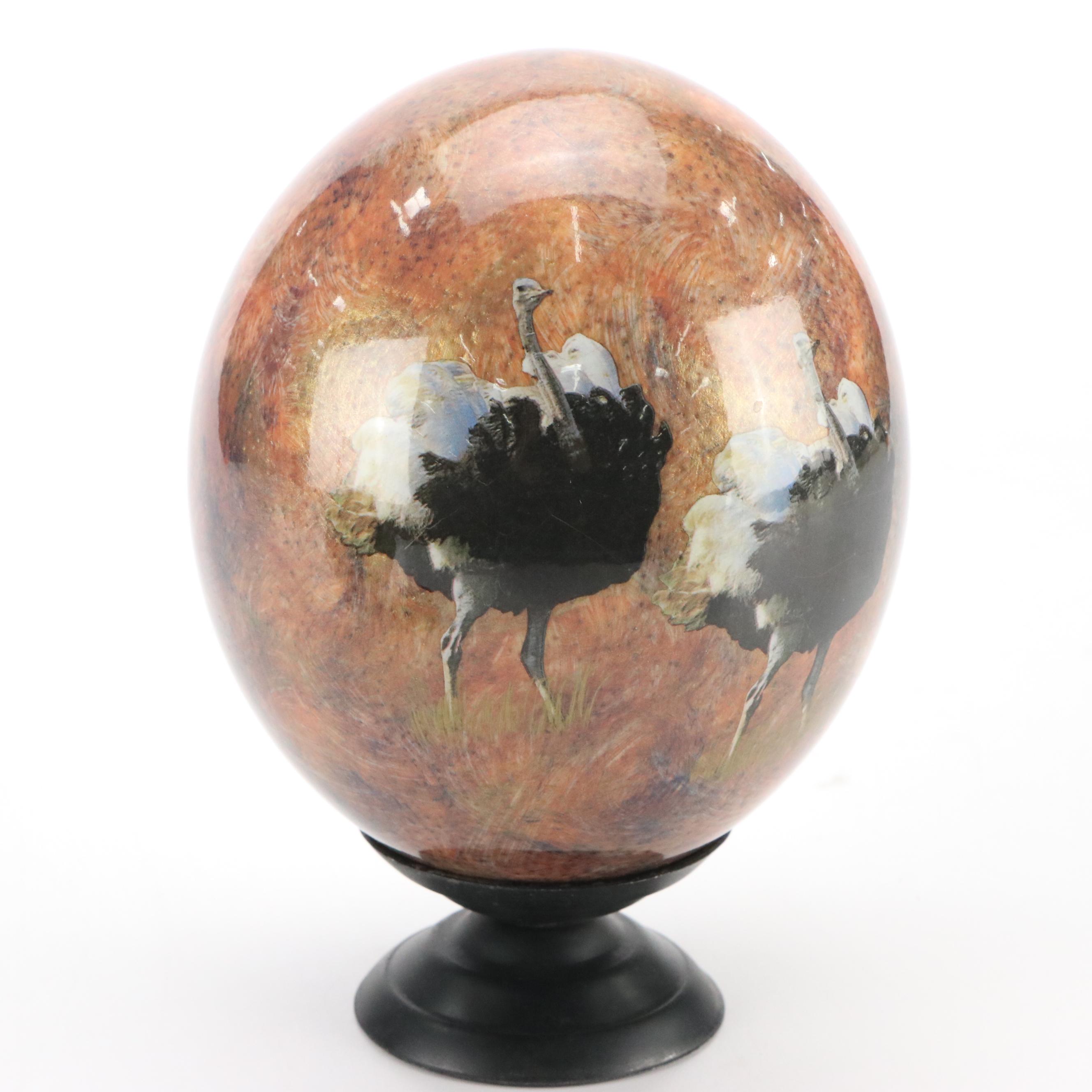 Leopard and Ostrich Porcelain Decorative Eggs on Wood Stands | EBTH