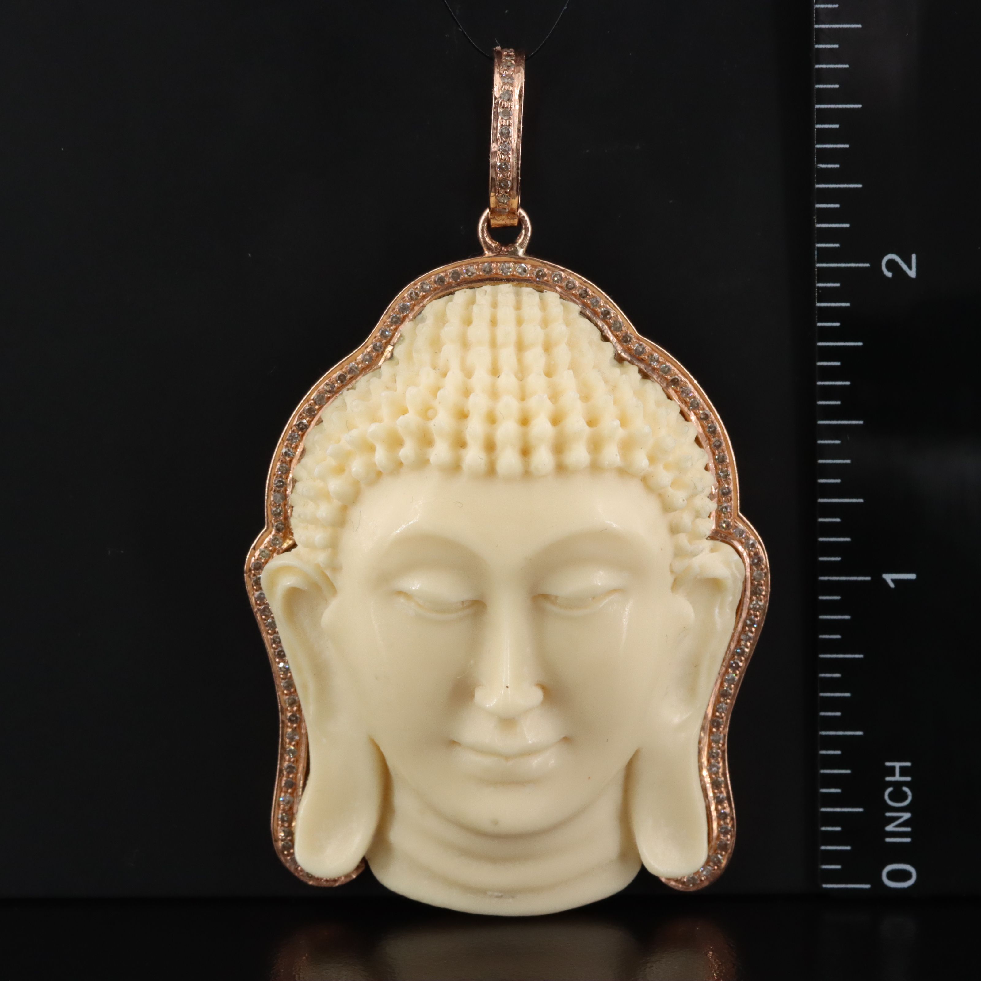 14K Rose Gold Carved Bone and Diamond Buddha Pendant Attributed to ...