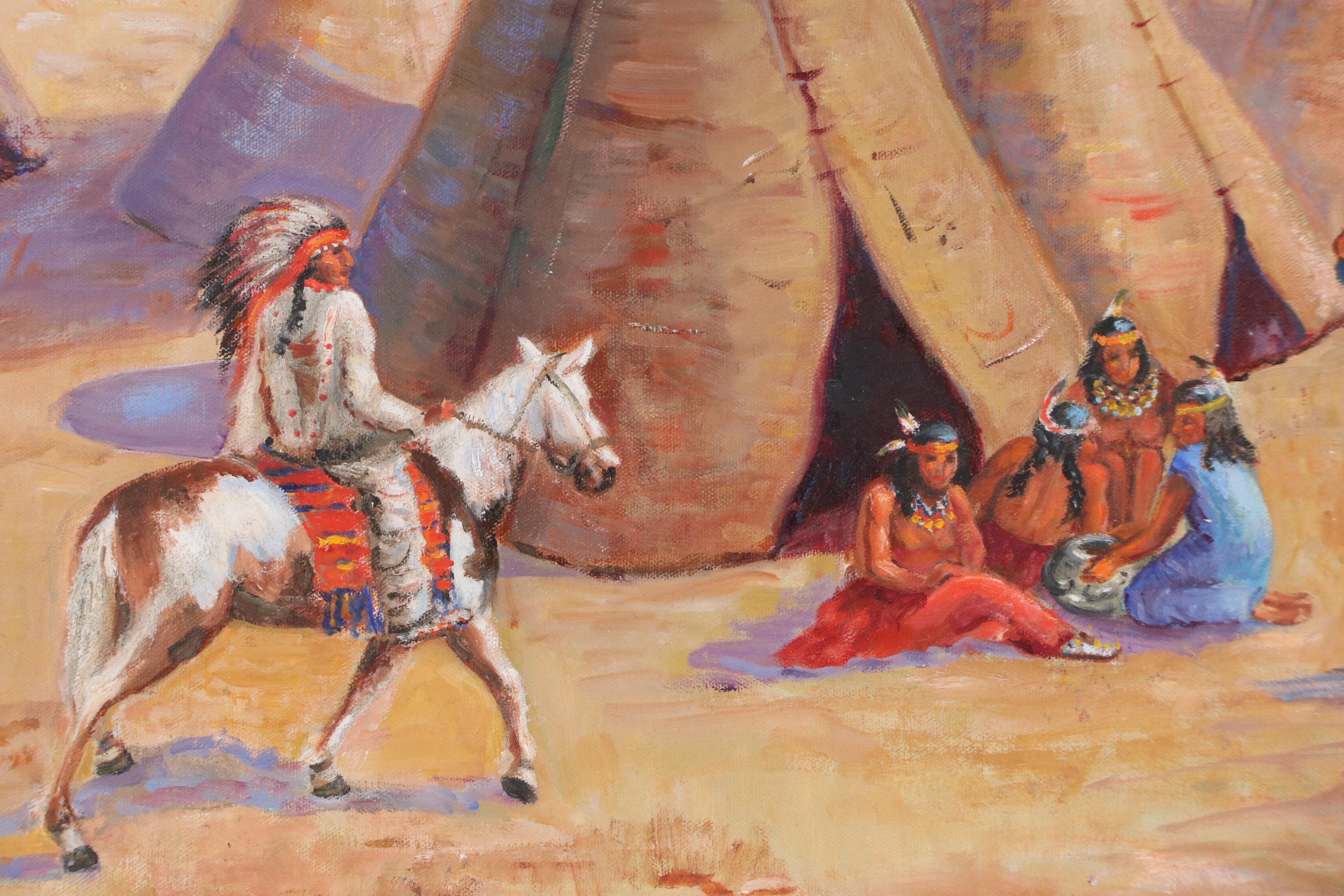 In the Style of W. Herbert Dunton Oil Painting of Indigenous Encampment ...