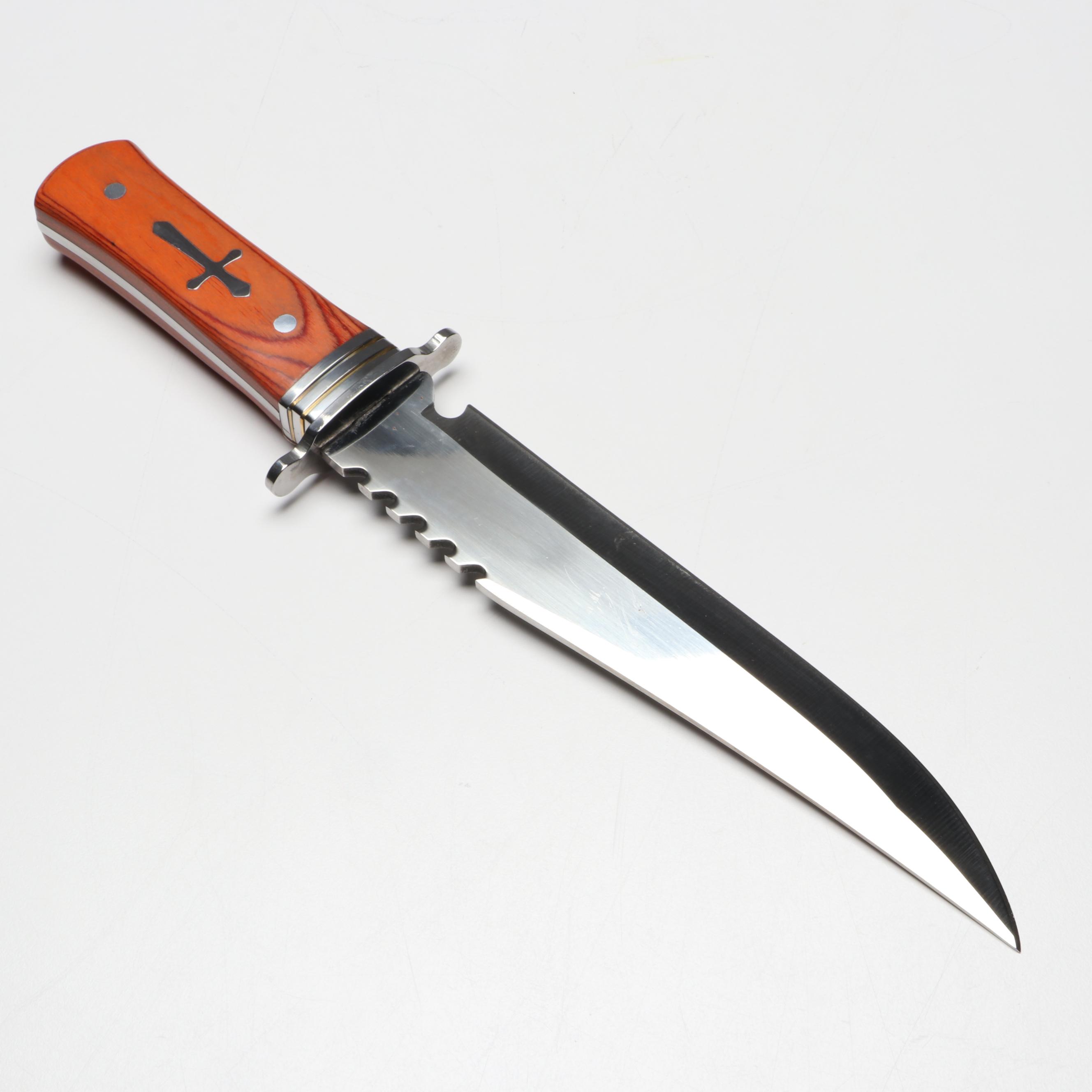 Stainless Steel and Wooden Handle Cross Inlay Bowie Knife | EBTH