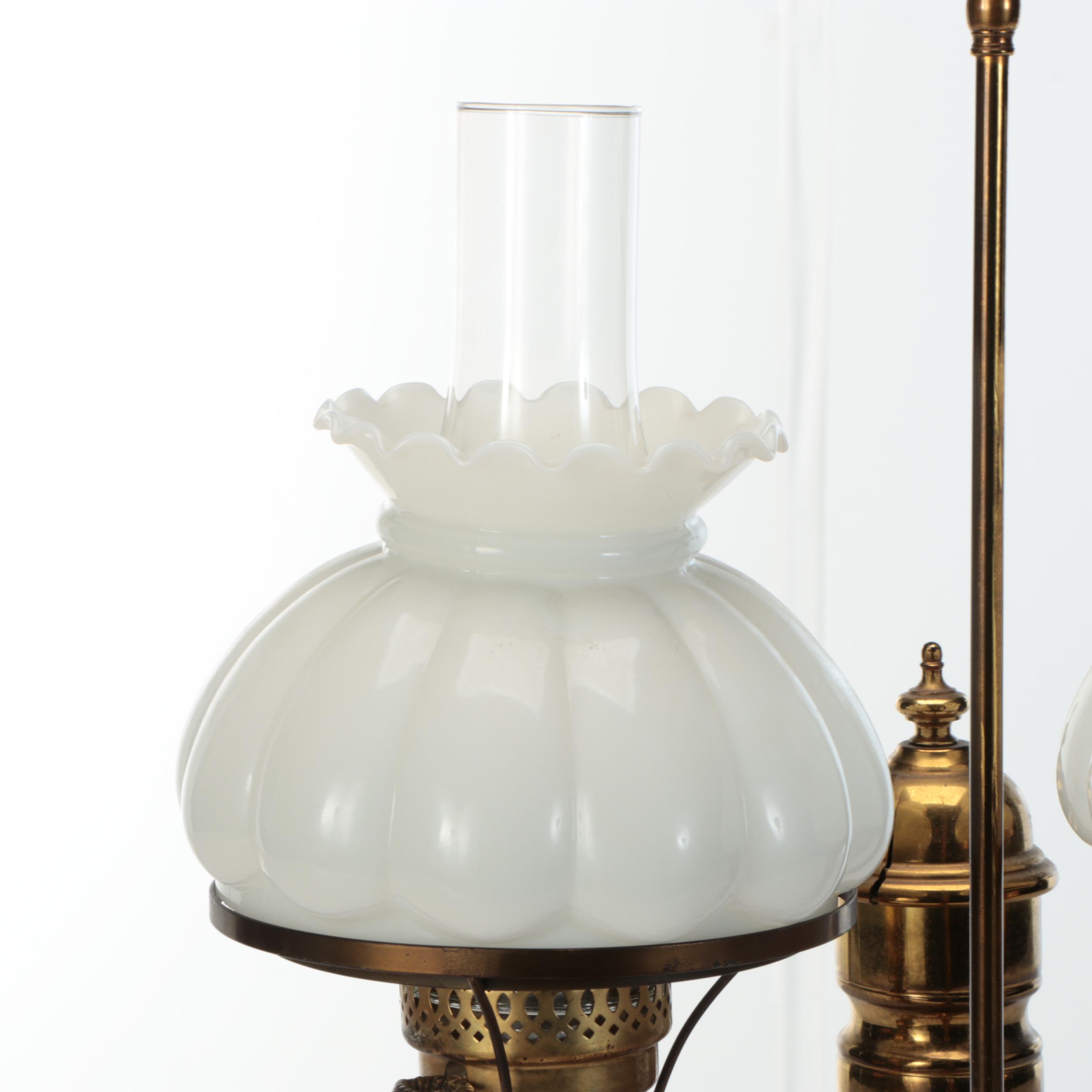 Victorian Style Dual Arm Brass Finish Student Lamp with Milk Glass ...