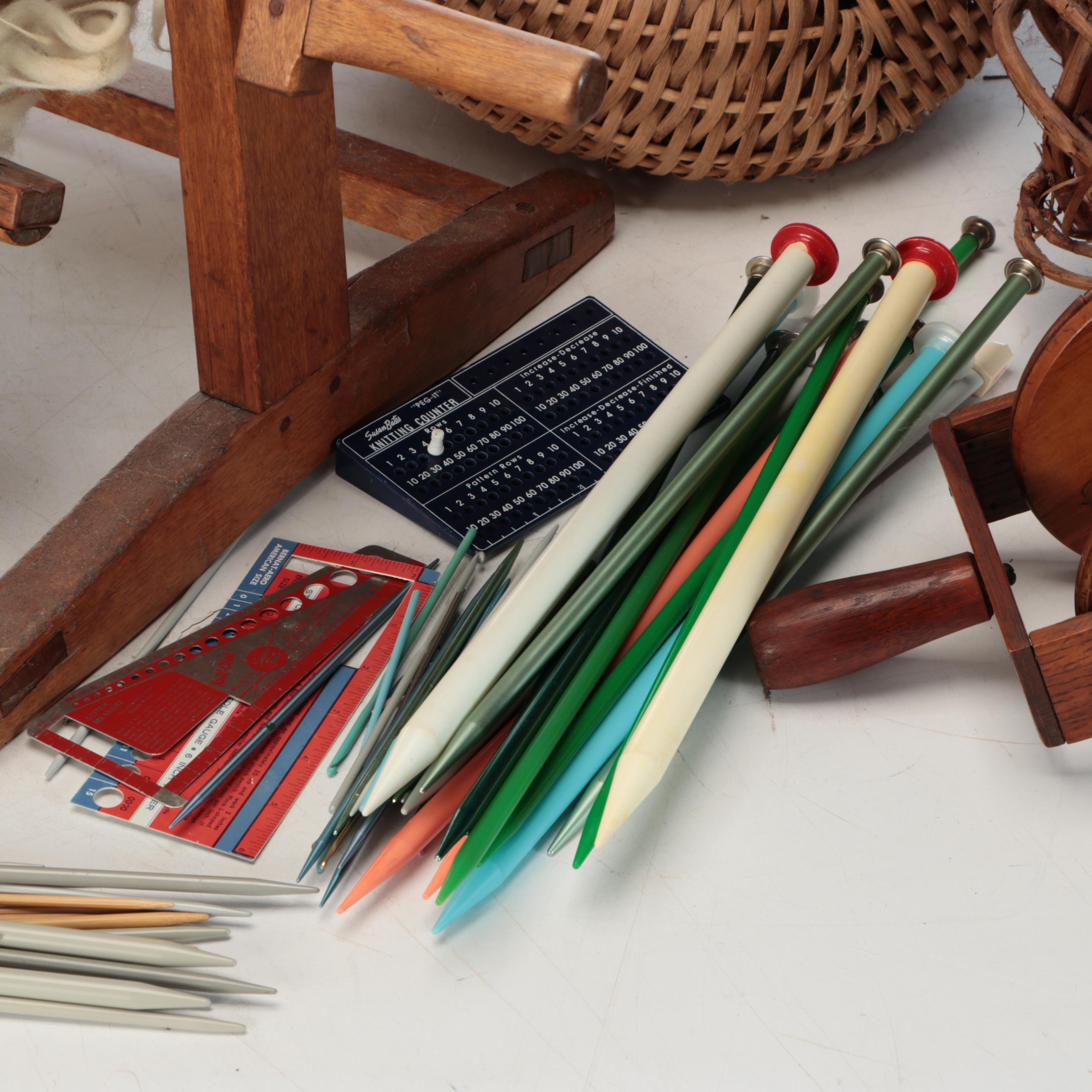 Primitive Style Wooden Spinning Wheel with Baskets and Knitting ...