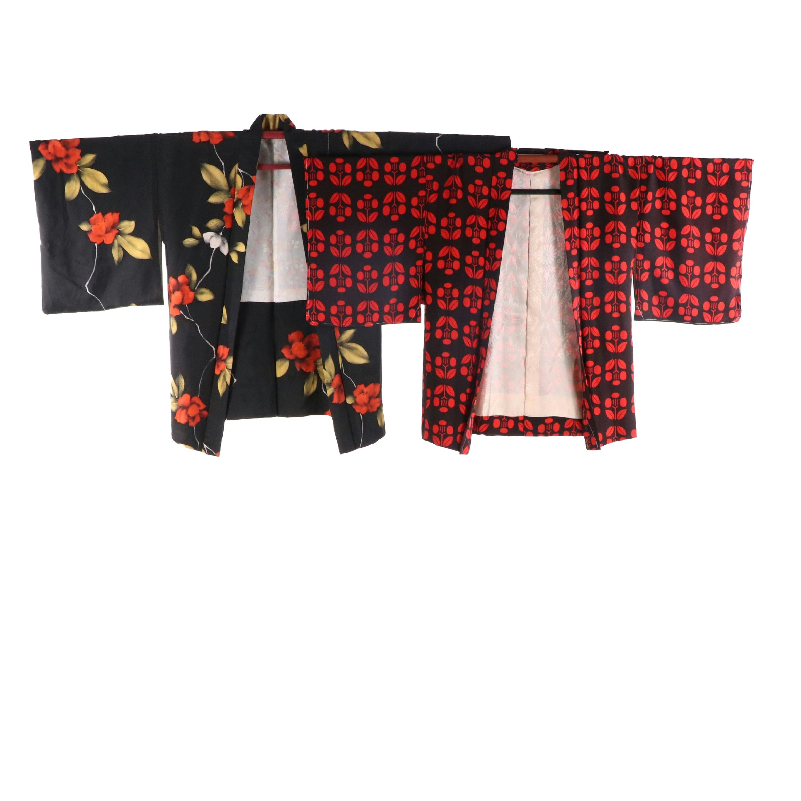 Japanese Haori Jackets in Floral and Red and Black Patterned Silk | EBTH