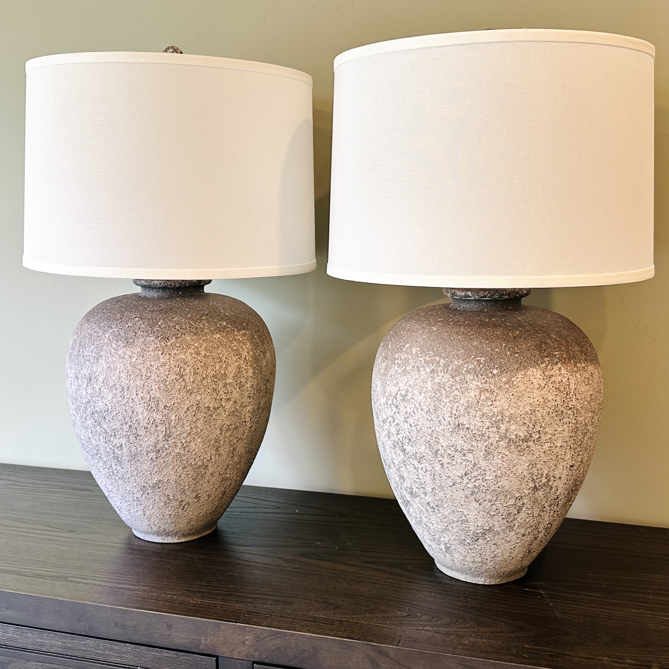 Pair of Wide Body Textured Composite Table Lamps with Drum Shades | EBTH