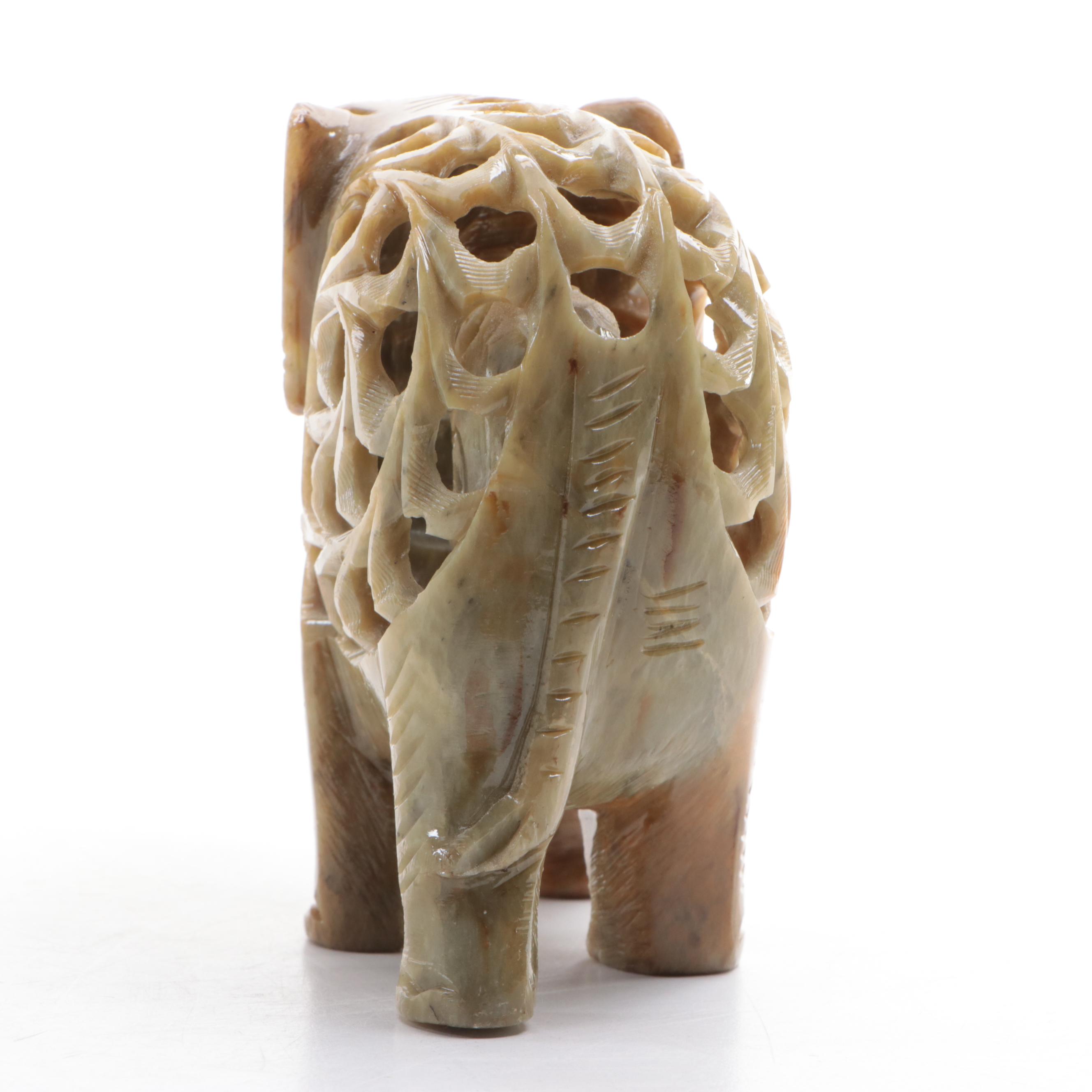 Indian Hand-Carved Soapstone Elephant Jali Figurine | EBTH