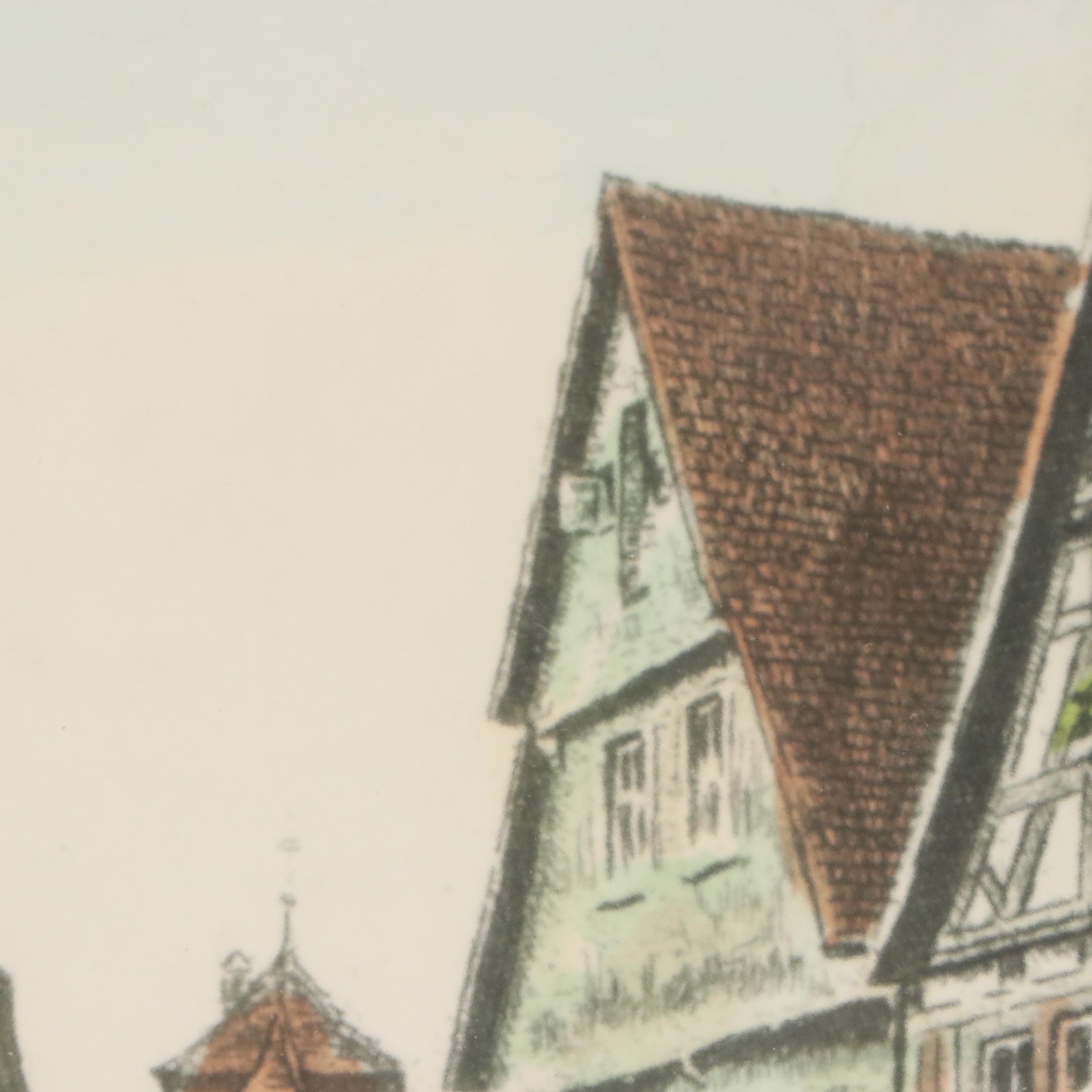 Hand-Colored Etching of Rothenburg ob der Tauber Street Scene, Mid-20th ...