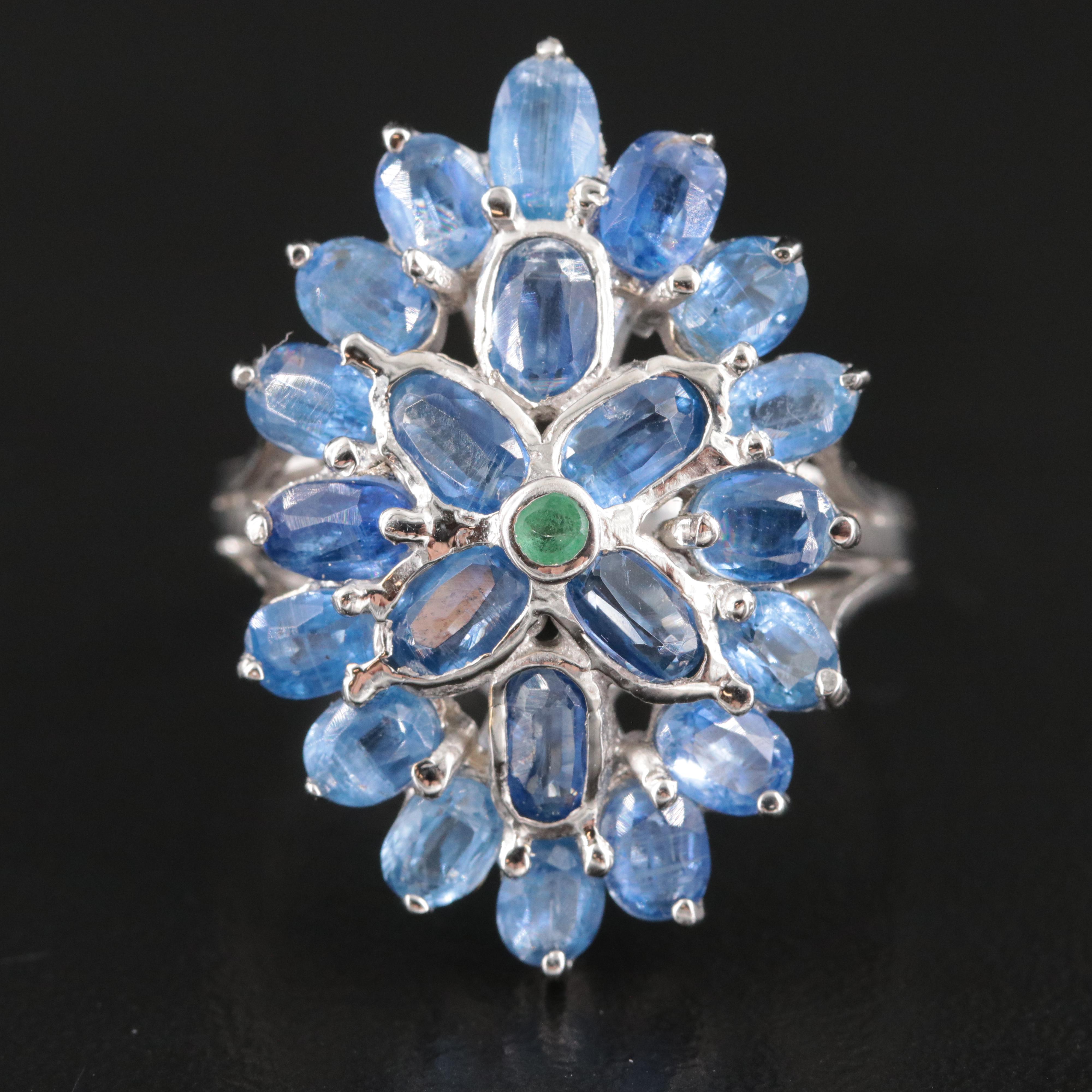 Sterling Kyanite and Emerald Cluster Ring | EBTH