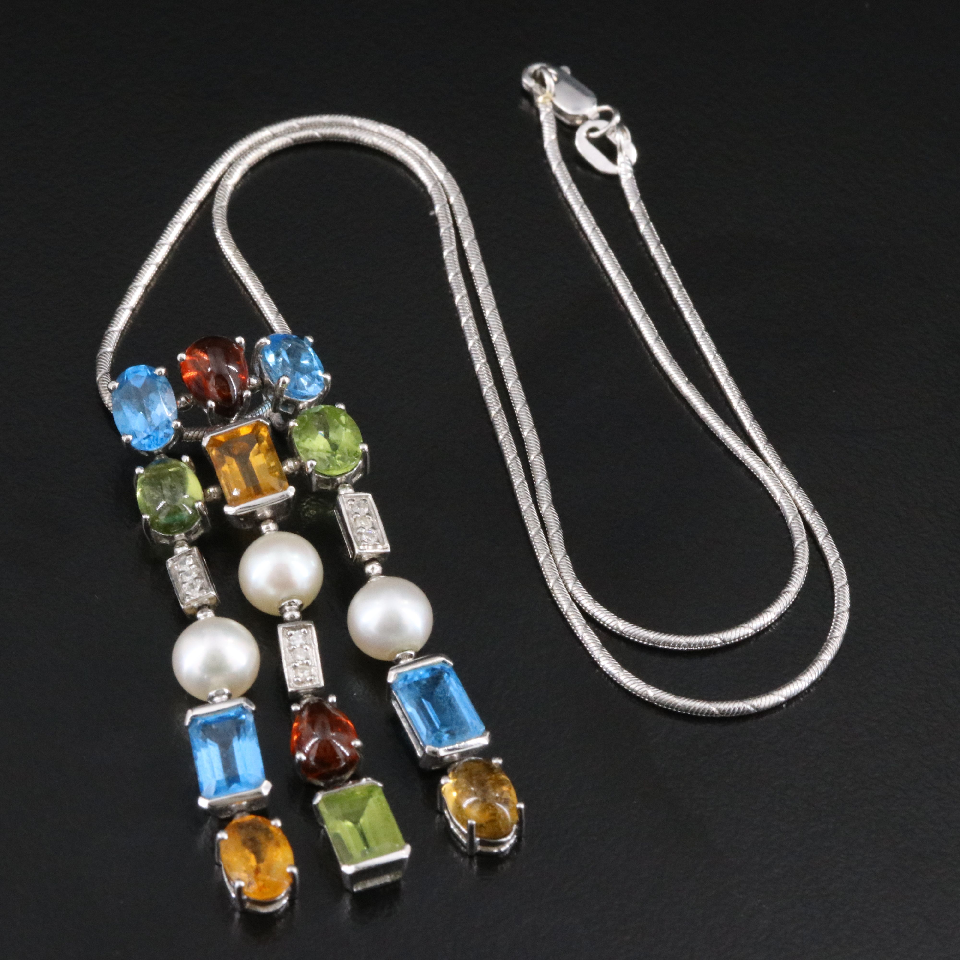 14K Waterfall Pendant Necklace Including Topaz, Peridot, Pearl and ...