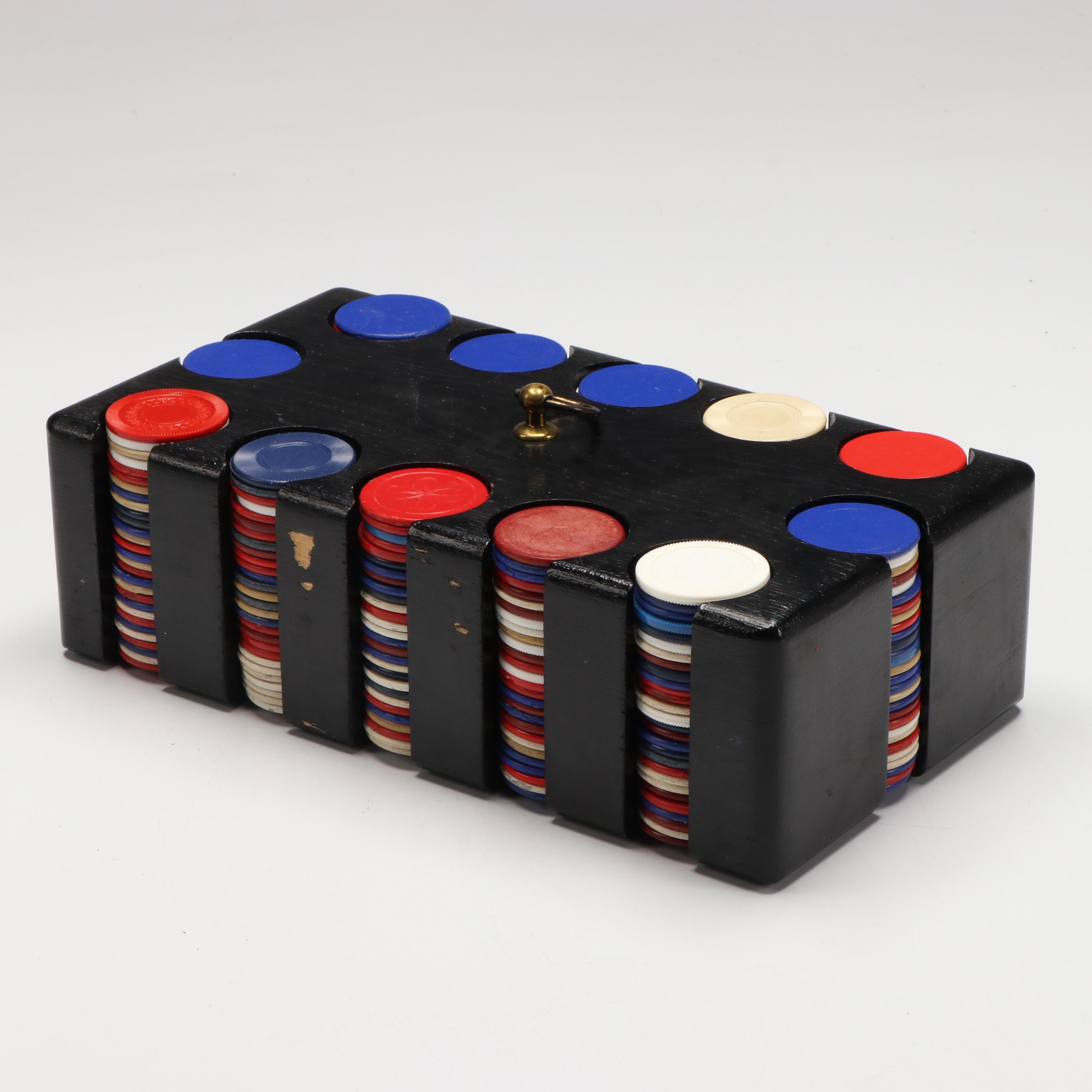 Ebonized Oak Poker Chip Caddy, Chips and Retro Playing Cards | EBTH