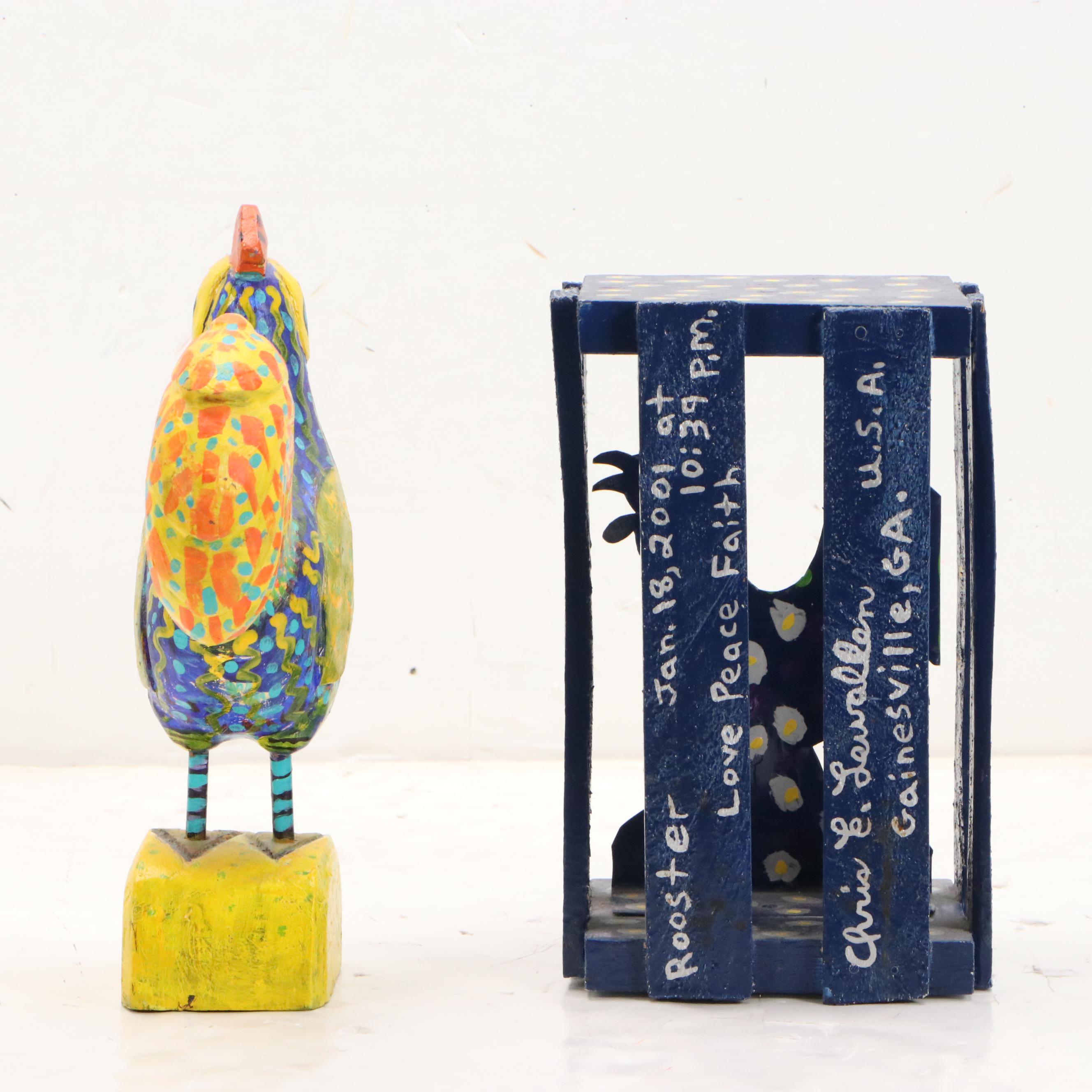 Chris E. Lewallen Wood Sculptures "Rooster" and Folk Art Chicken, Circa ...