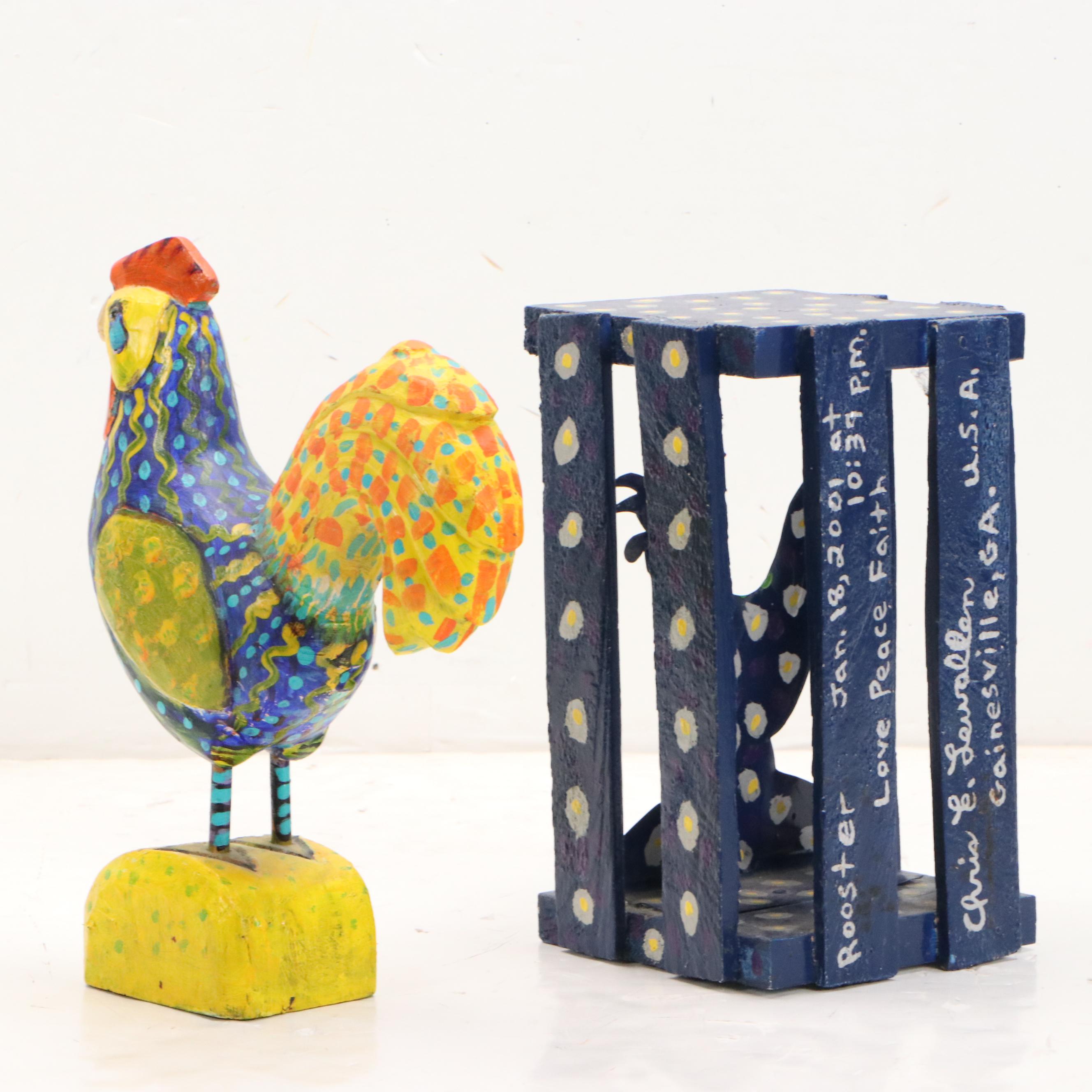 Chris E. Lewallen Wood Sculptures "Rooster" and Folk Art Chicken, Circa ...