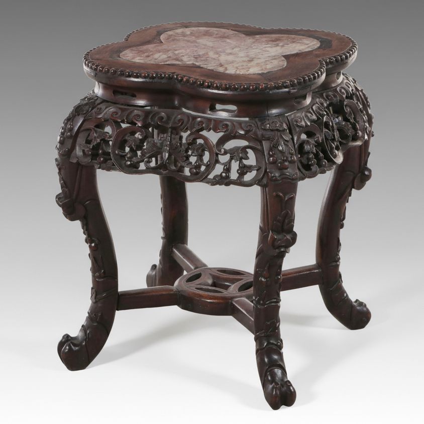 Chinese Carved Rosewood Lobed Accent Table with Inset Marble Top | EBTH