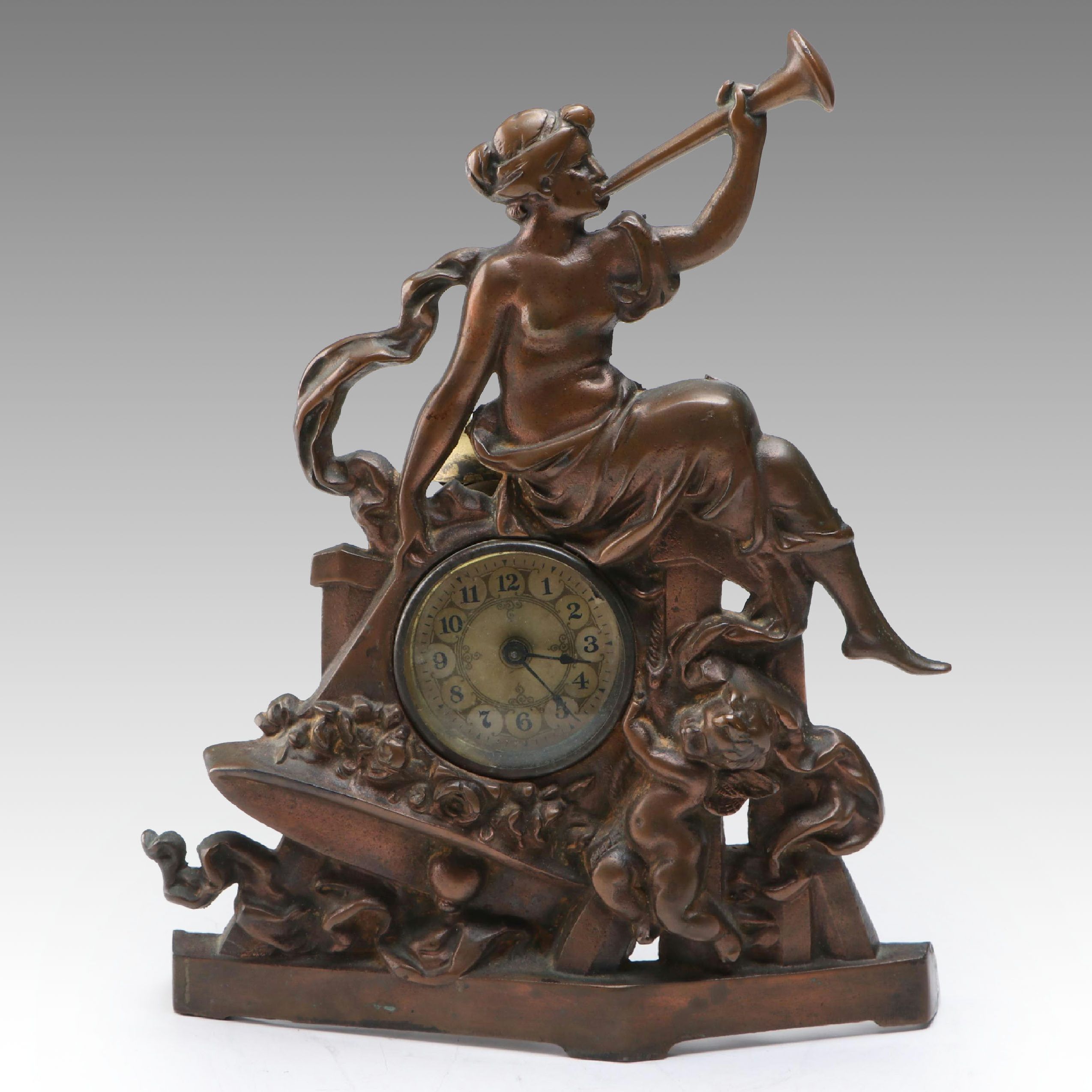 Golden Mfg. Co. Bronzed Cast Iron Trumpet Lady Mantel Clock, Early 20th ...