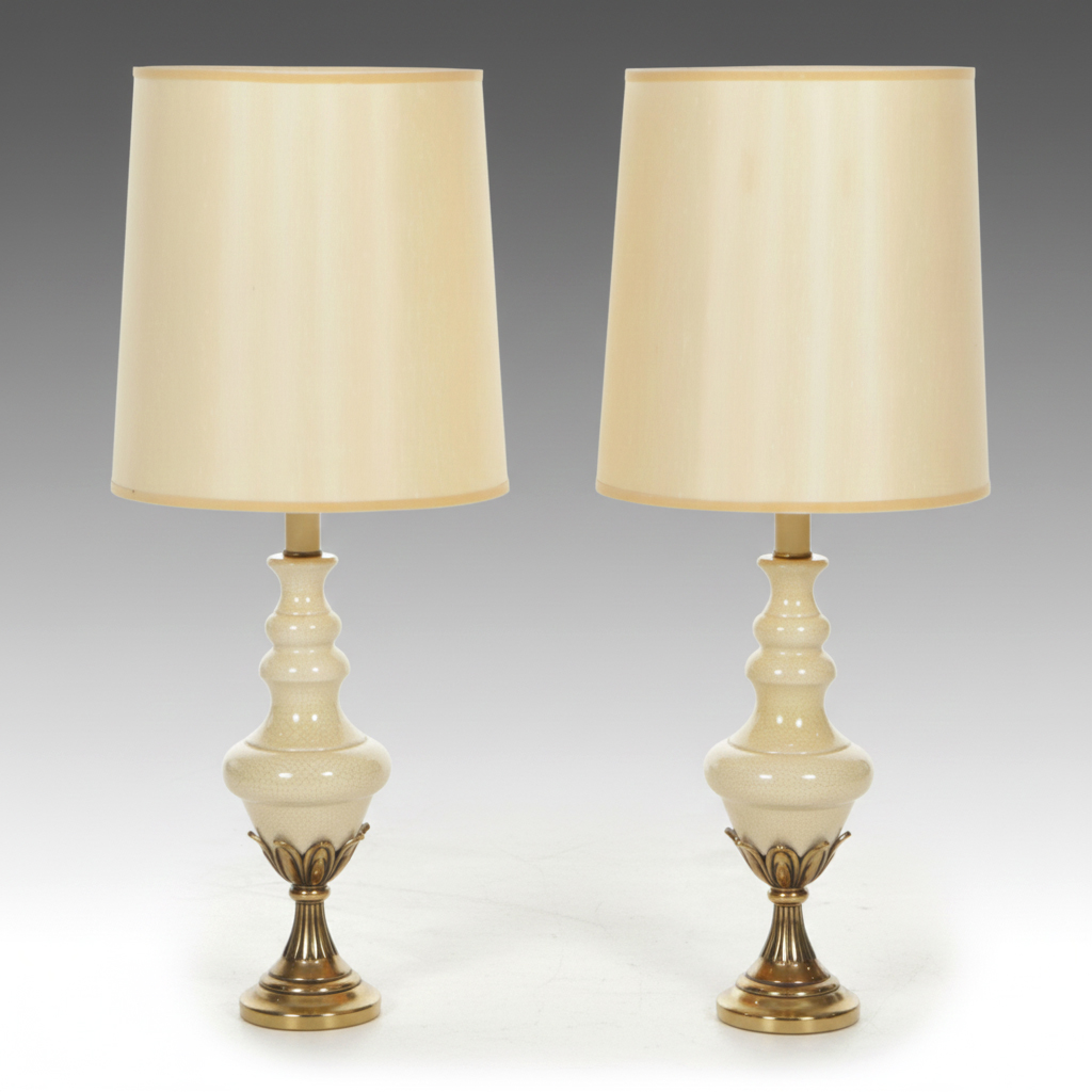 Westwood Ind. Crackle Glazed Ceramic on Brass Foot Table Lamps, Late ...