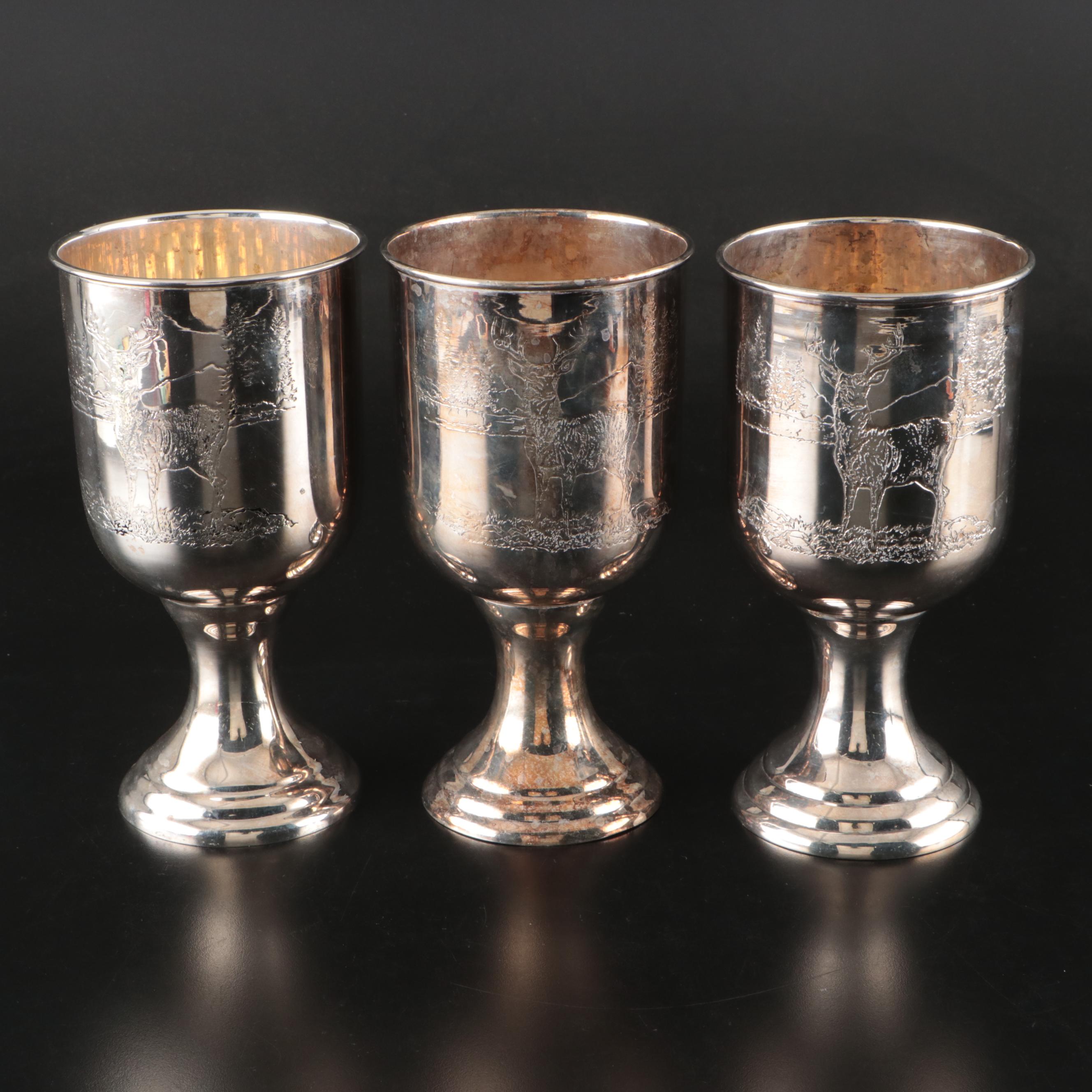 Trio of German Style Etched Deer Oversized Silver Plate Goblets | EBTH