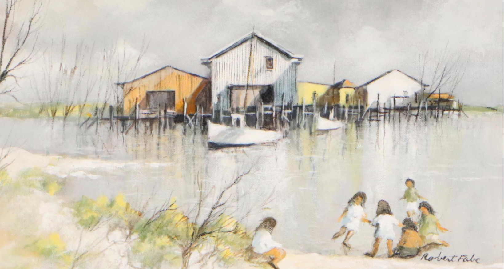 Robert Fabe Oil Painting Children by Lakes Edge, Mid-20th Century | EBTH