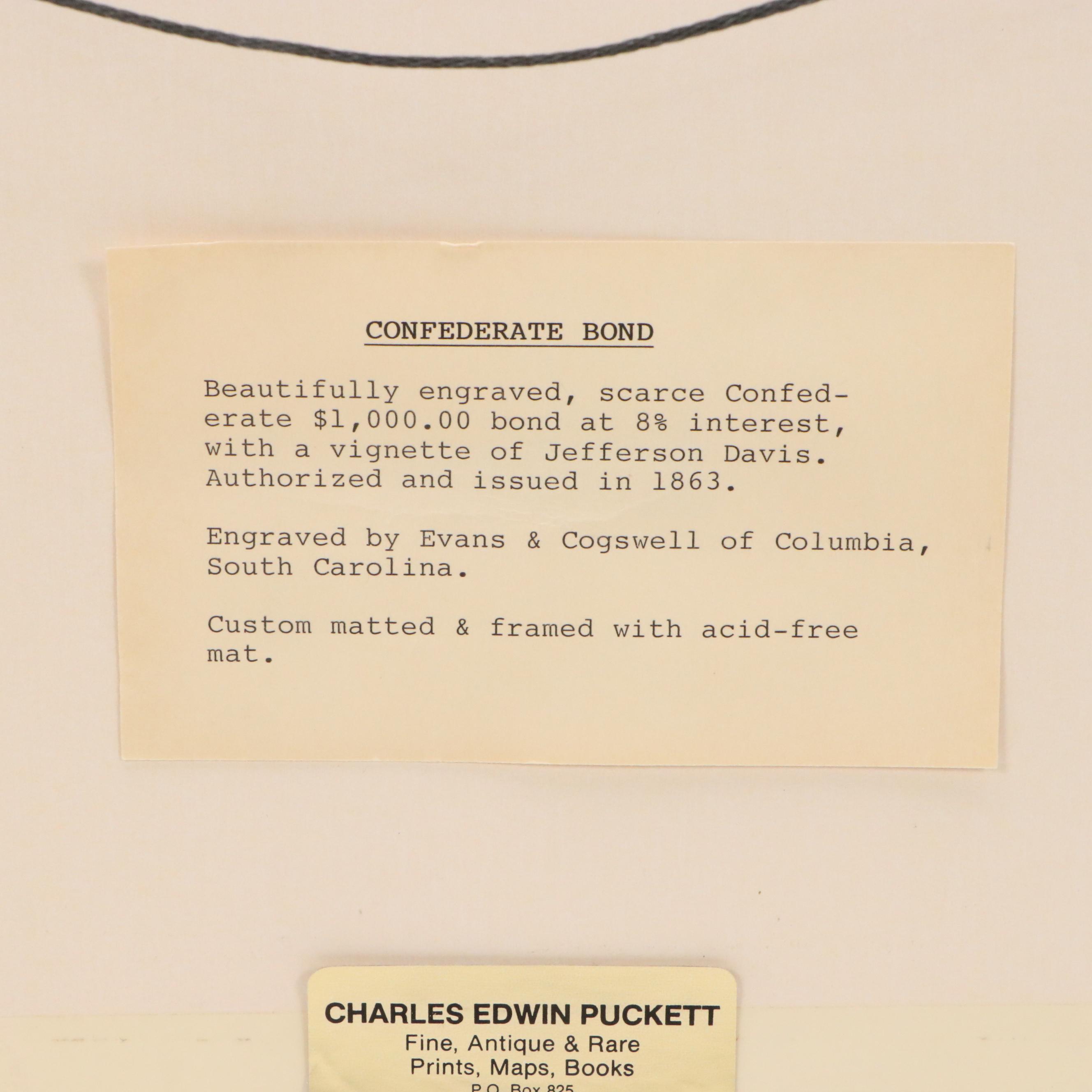 1868 Confederate States of America $1,000 Bond Certificate With Coupons ...