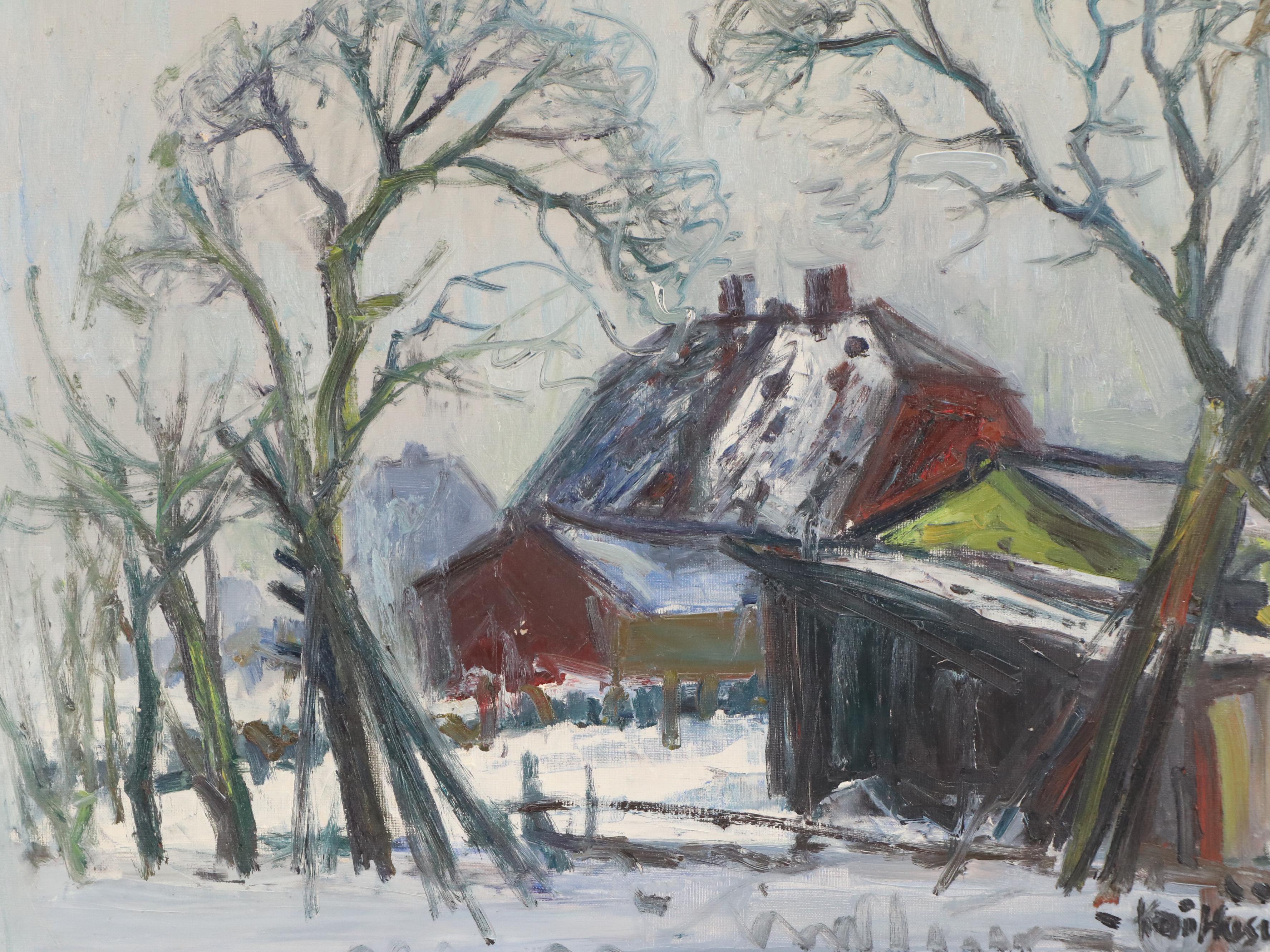 Kai Husum Expressionist Style Winter Farm Landscape Oil Painting | EBTH