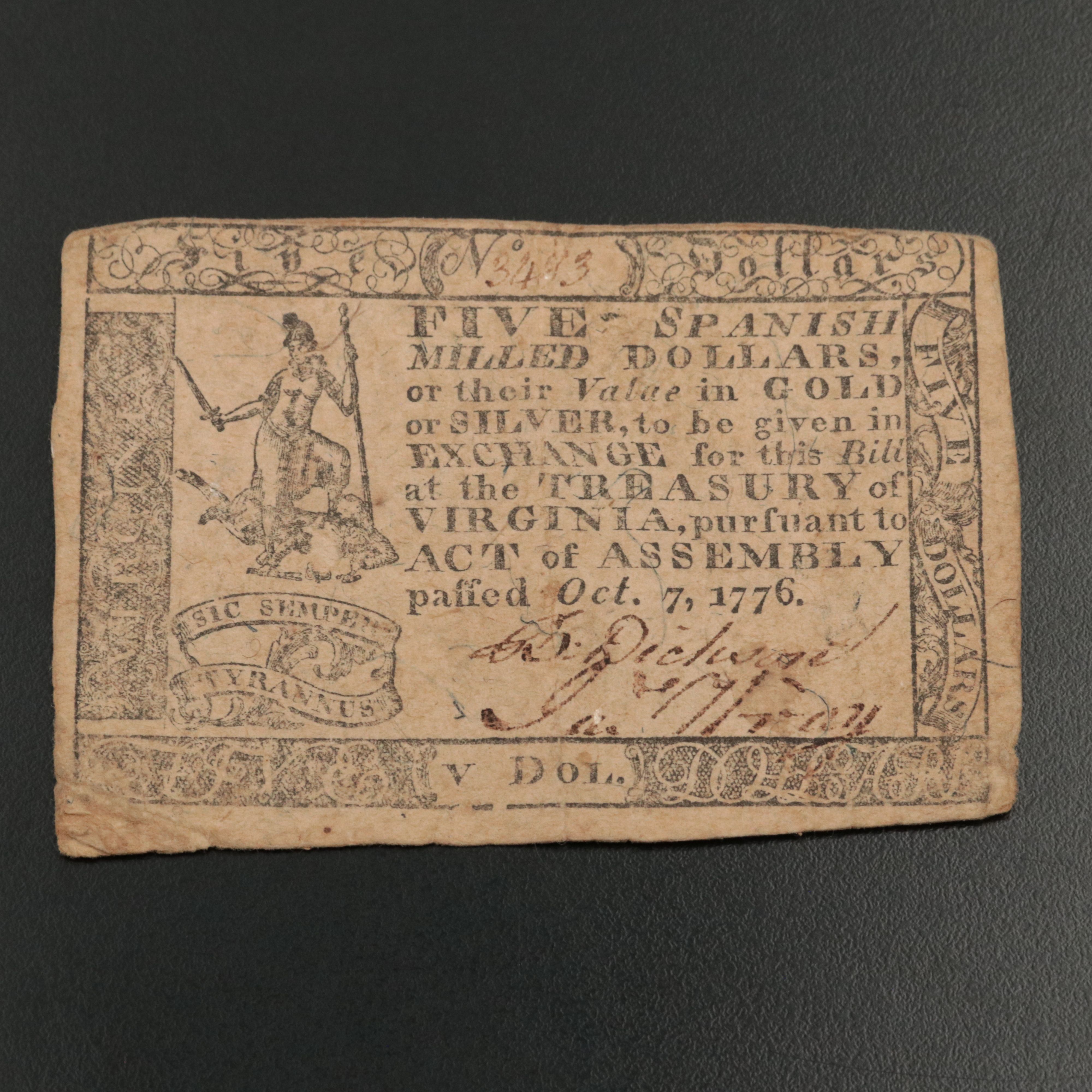 1776 Virginia Five Spanish Milled Dollars Colonial Banknote | EBTH