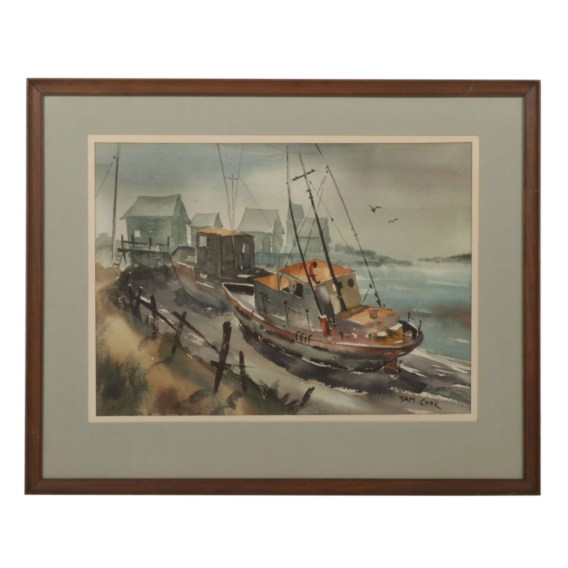 Sam Cook Watercolor Painting of Harbor Scene "Beached", | EBTH