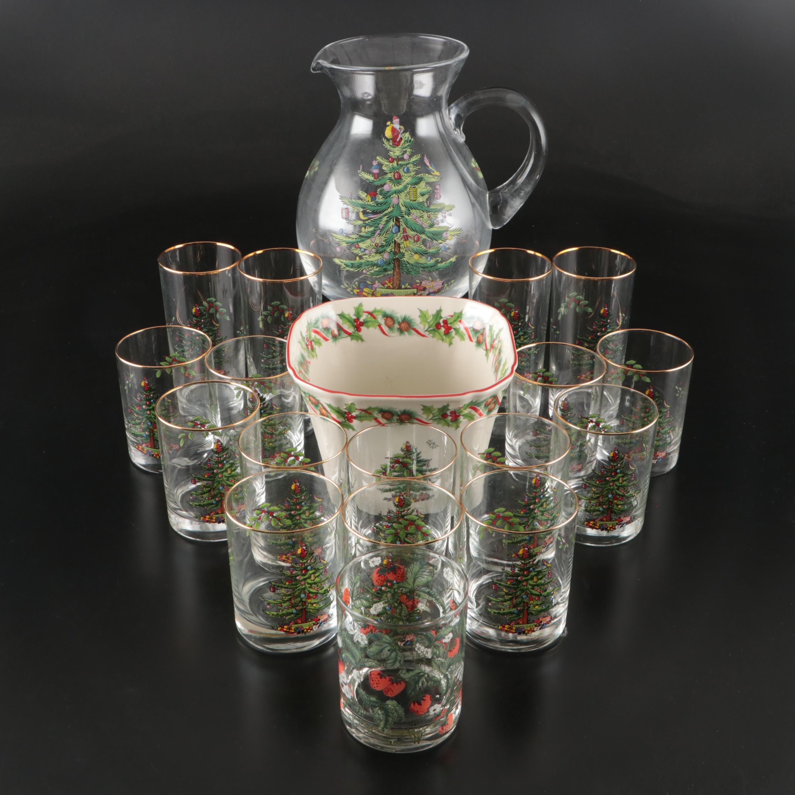 Spode "Christmas Tree" Pitcher, Ice Bucket and Cocktail Glasses | EBTH