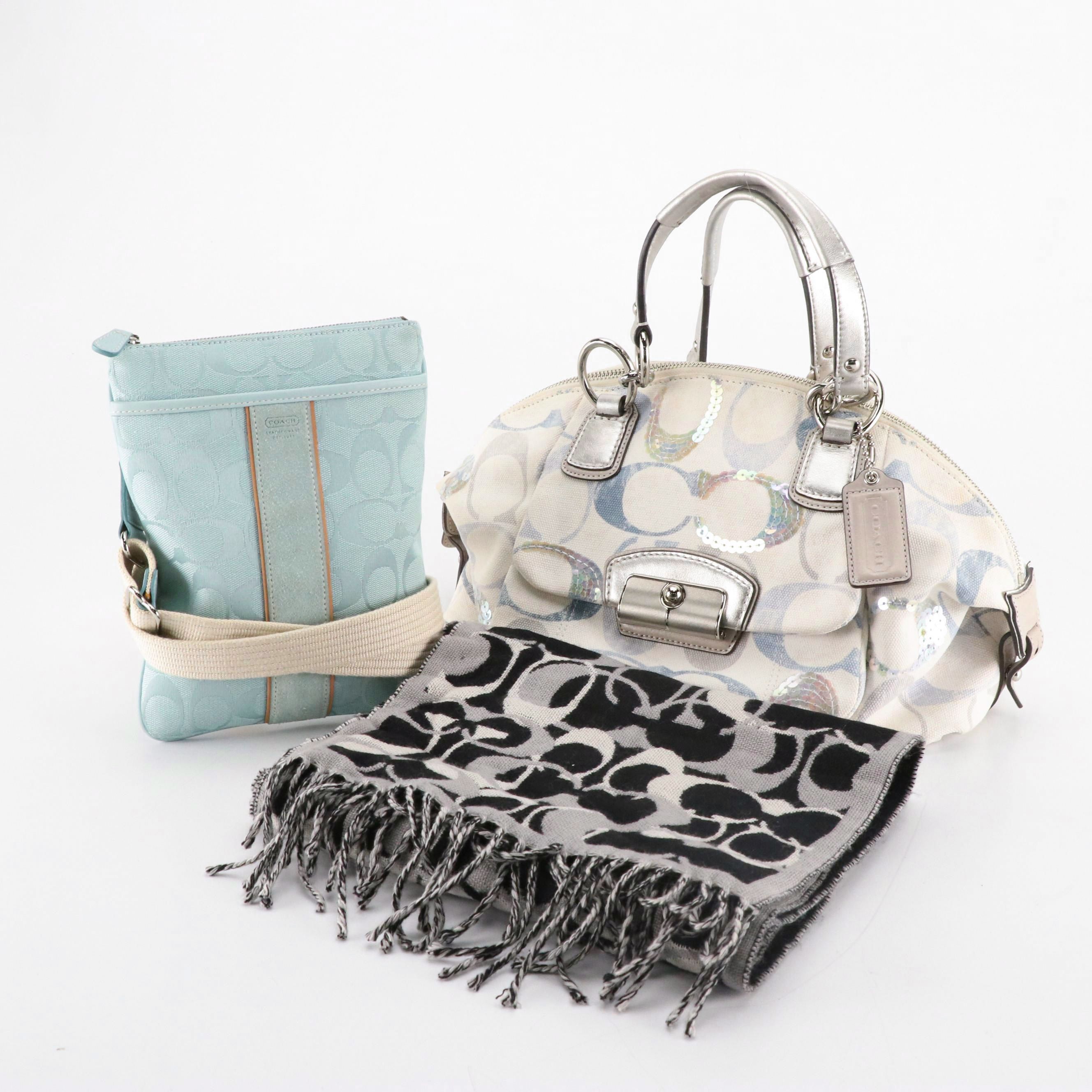 Coach Teal Signature Canvas Sling Pack, Kristin Sequin Satchel and Wool ...