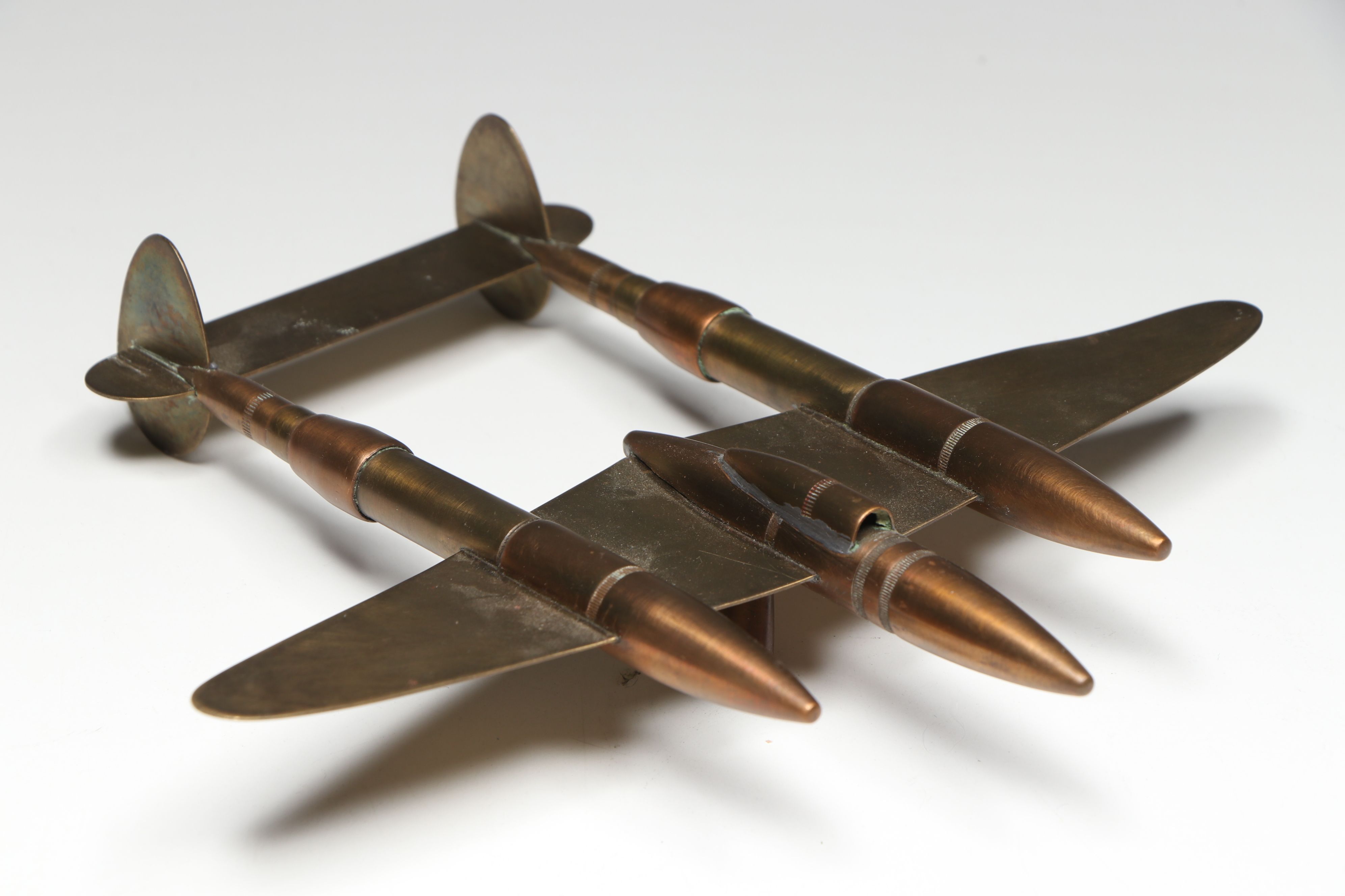 WWII Trench Art Brass P38 Fighter Airplane Sculpture with Mounted ...
