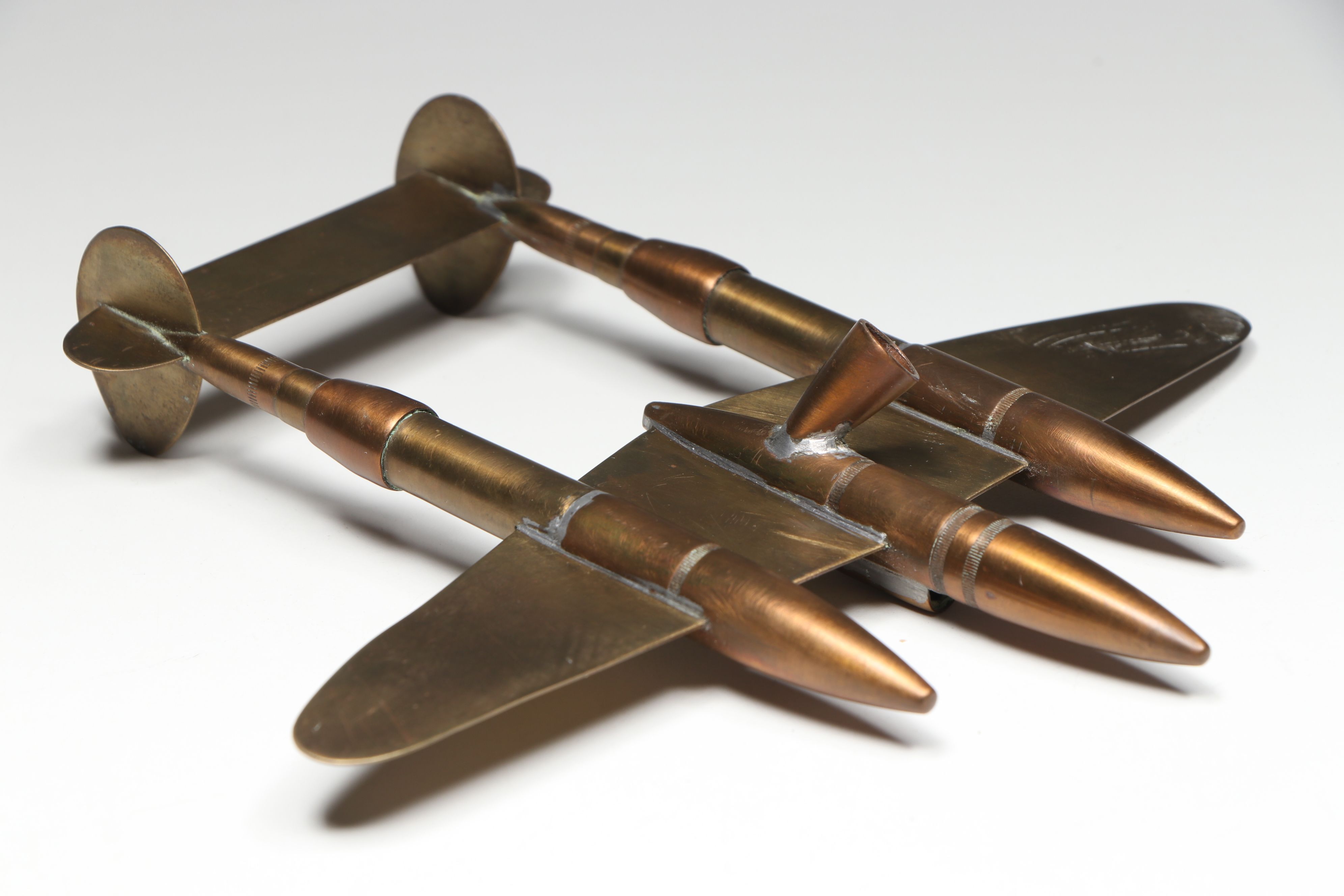 WWII Trench Art Brass P38 Fighter Airplane Sculpture with Mounted ...