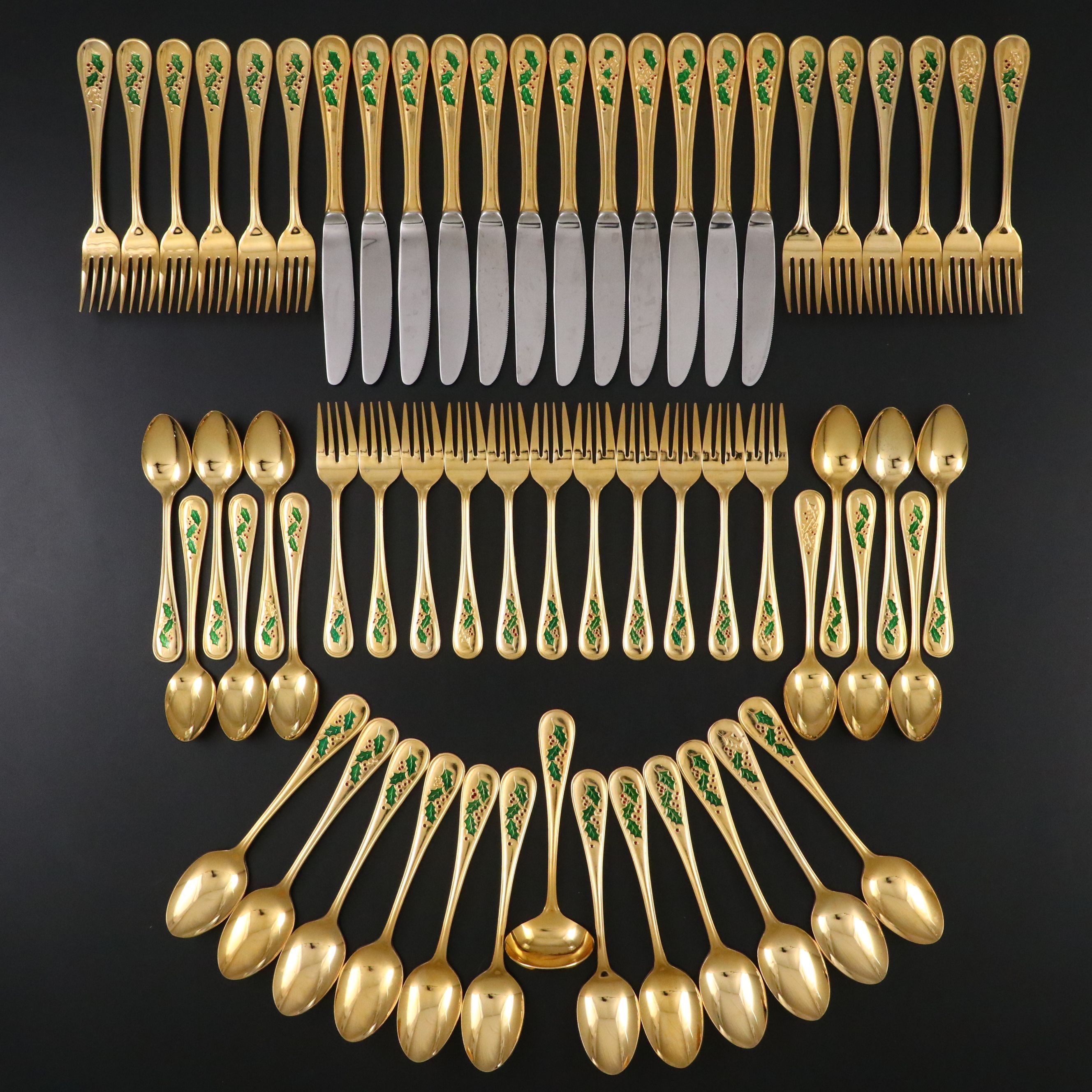 Retroneu "Hollyday" 24K Gold Plate Flatware with Holly Enamel Inlay | EBTH