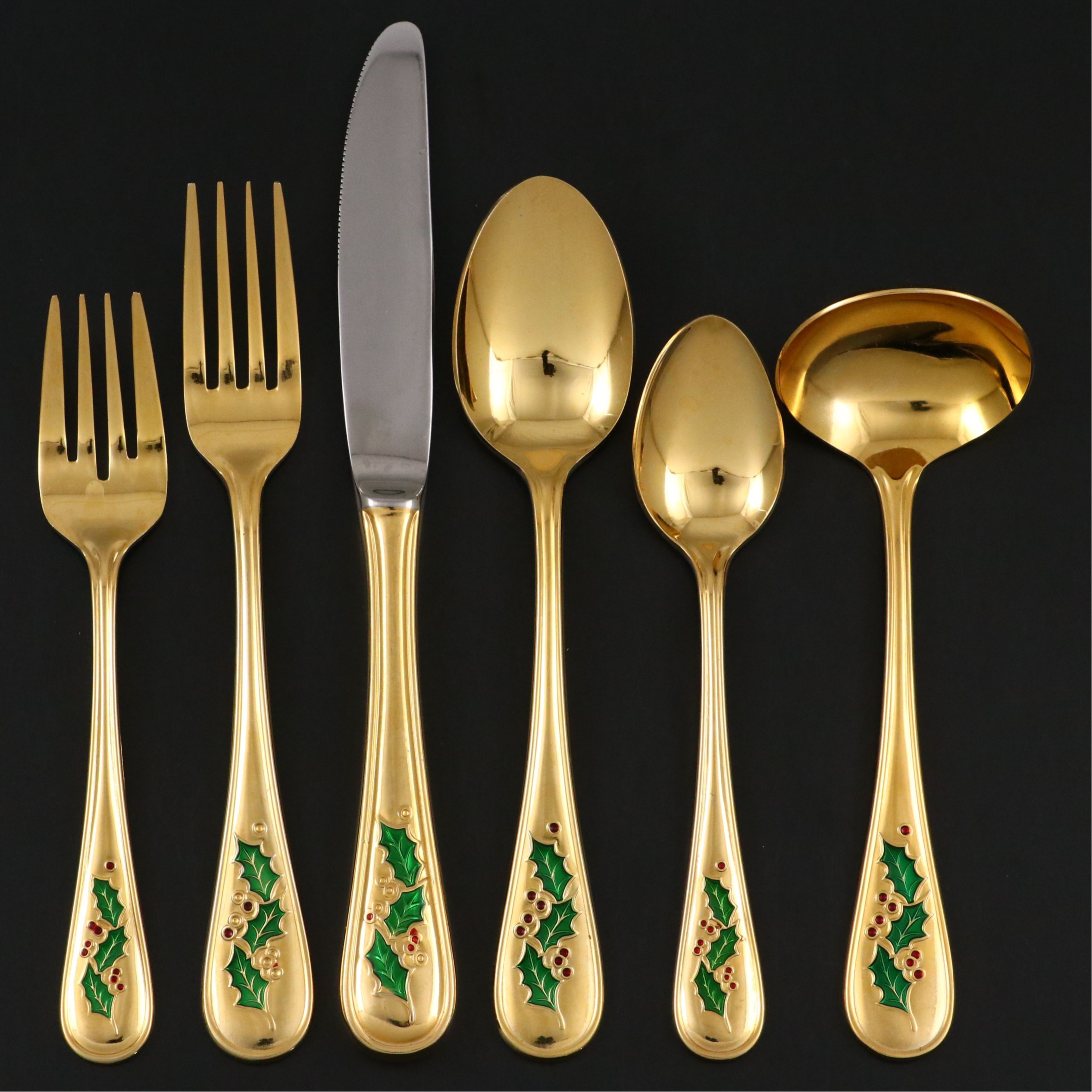 Retroneu "Hollyday" 24K Gold Plate Flatware with Holly Enamel Inlay | EBTH