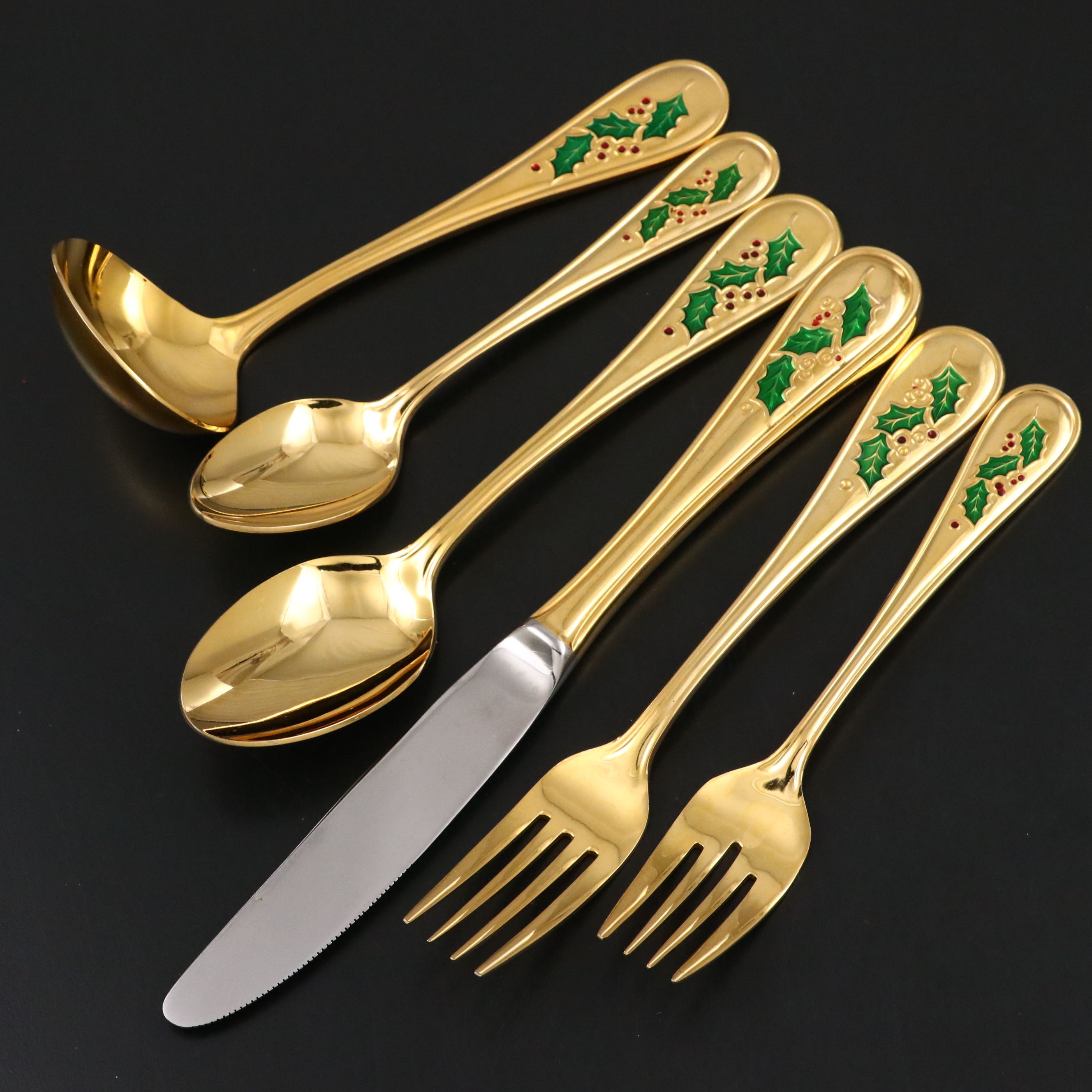 Retroneu "Hollyday" 24K Gold Plate Flatware with Holly Enamel Inlay | EBTH